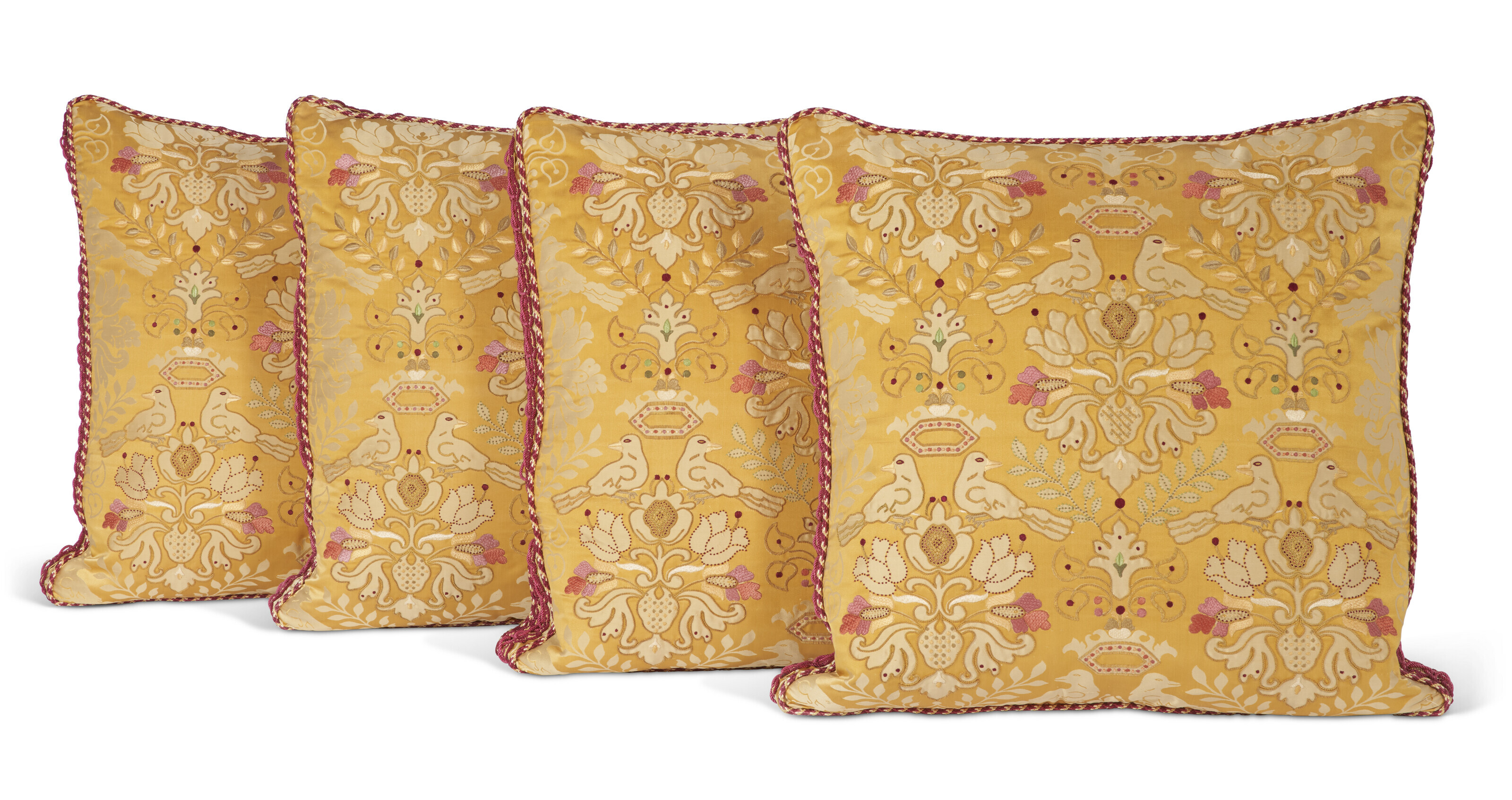 A SET OF FOUR EMBROIDERED YELLOW SILK CUSHIONS, MODERN | Christie’s