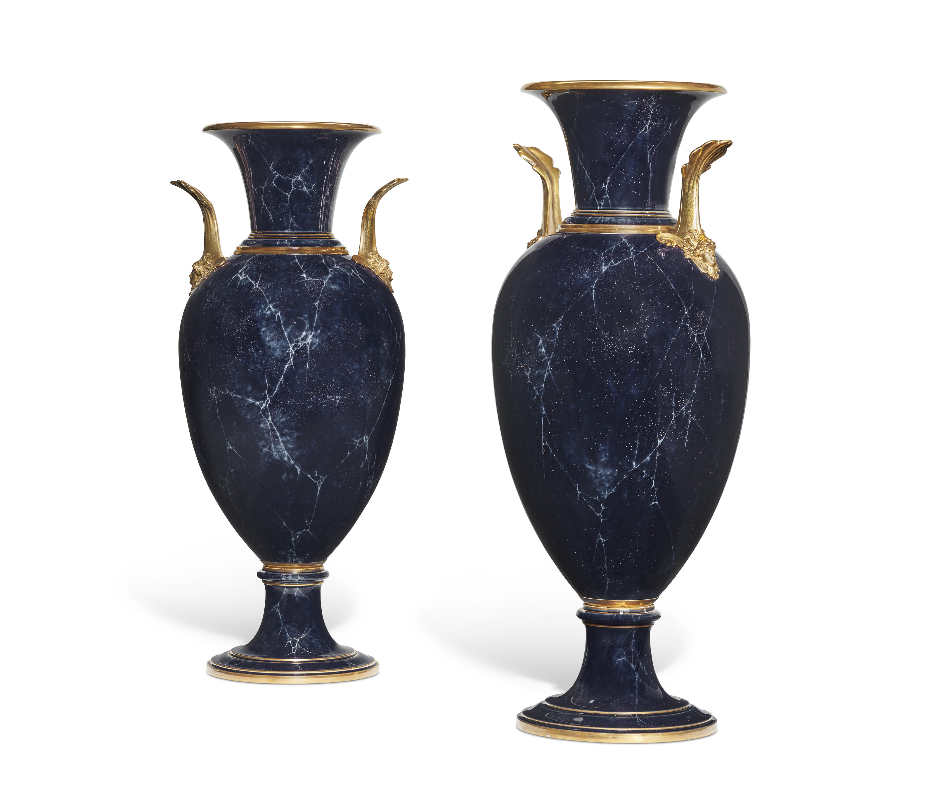 A LARGE PAIR OF ORMOLU-MOUNTED SEVRES PORCELAIN FAUX LAPIS GROUND VASES ...