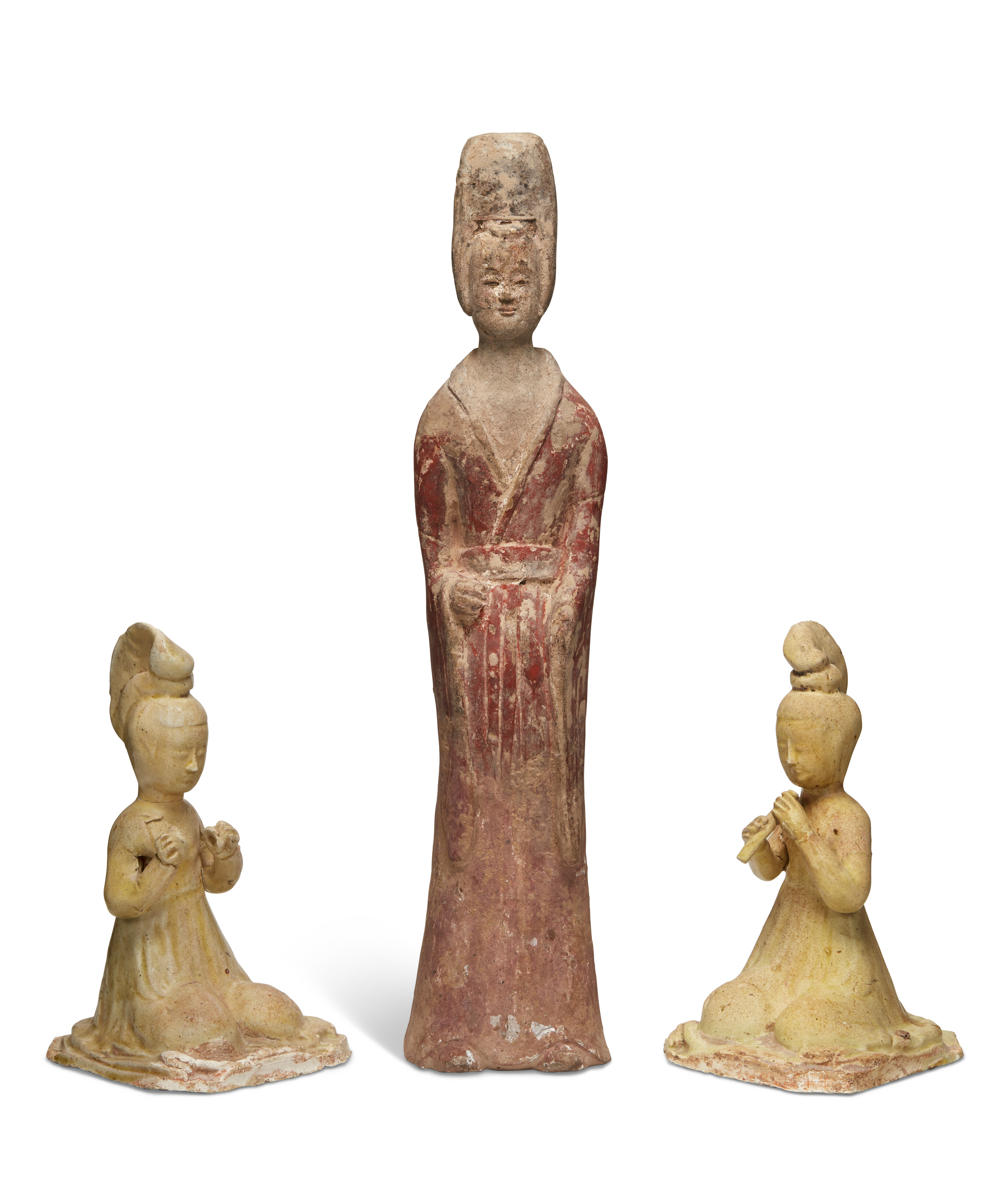 A PAIR OF STRAW-GLAZED FIGURES OF FEMALE MUSICIANS, TANG DYNASTY (AD ...