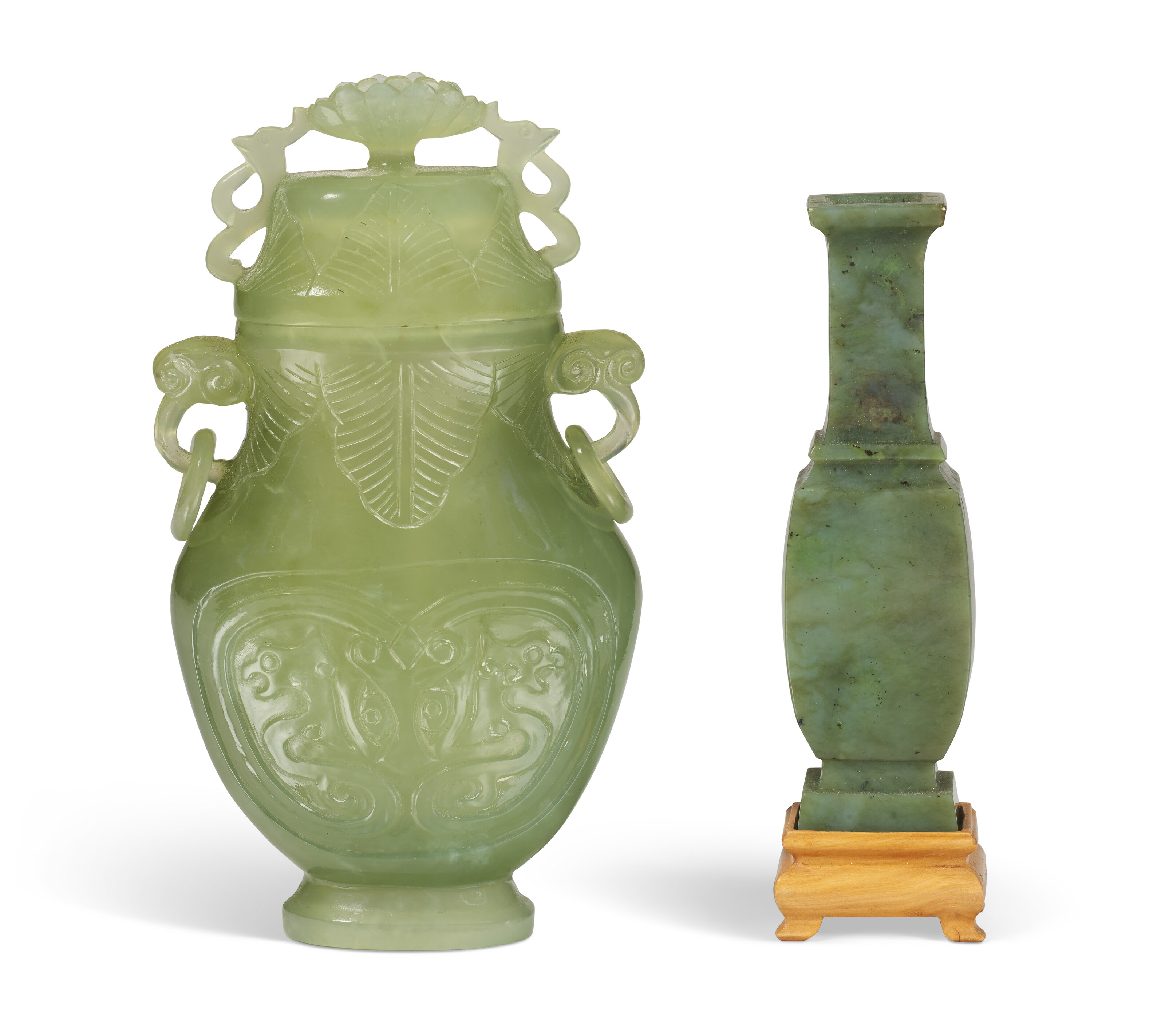 A GREEN SERPENTINE VASE AND COVER AND A GREEN JADE FACETED VASE ...