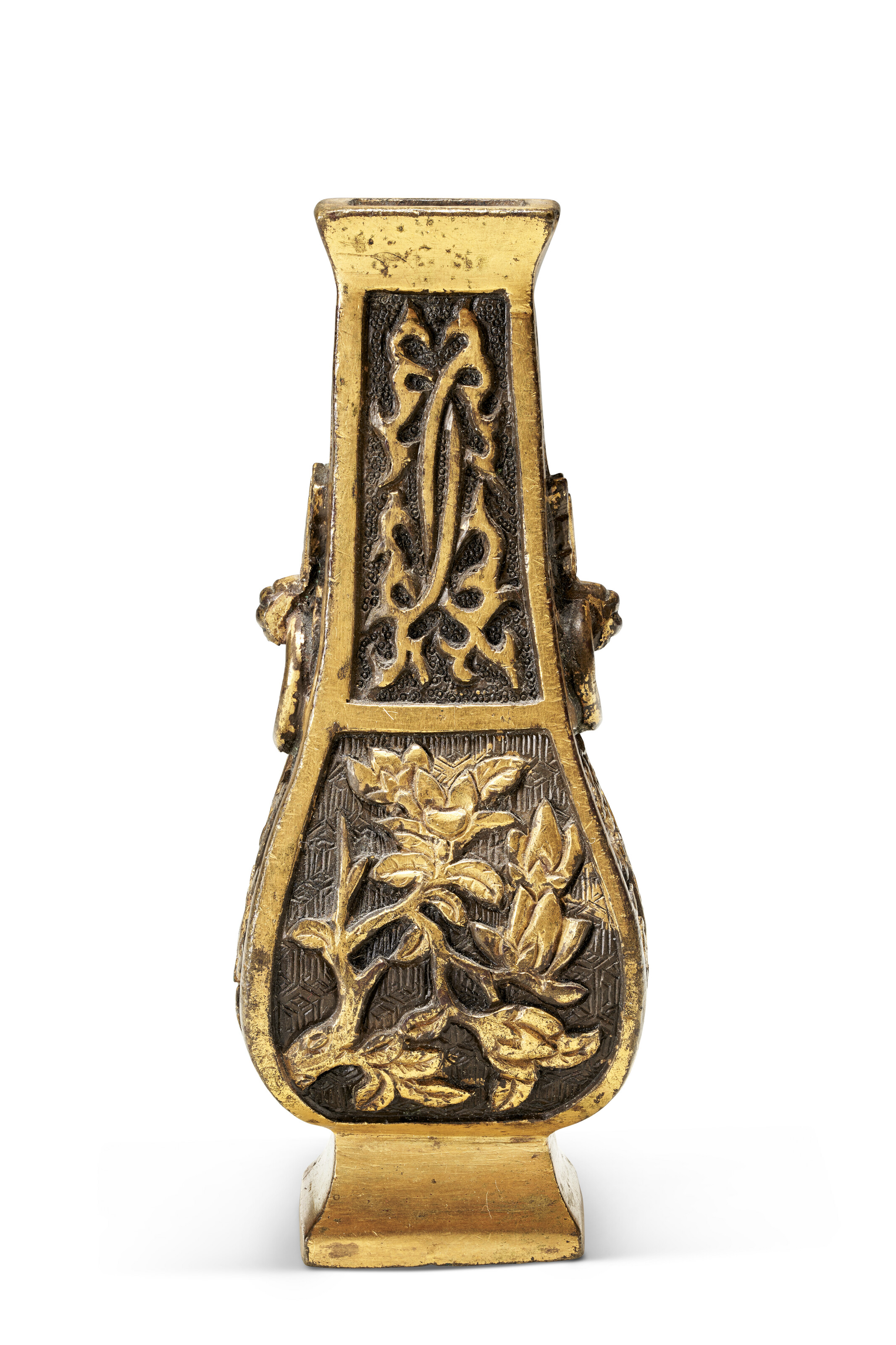 A SMALL GILT-BRONZE FACETED HU-FORM VASE WITH FIXED-RING HANDLES, MING ...