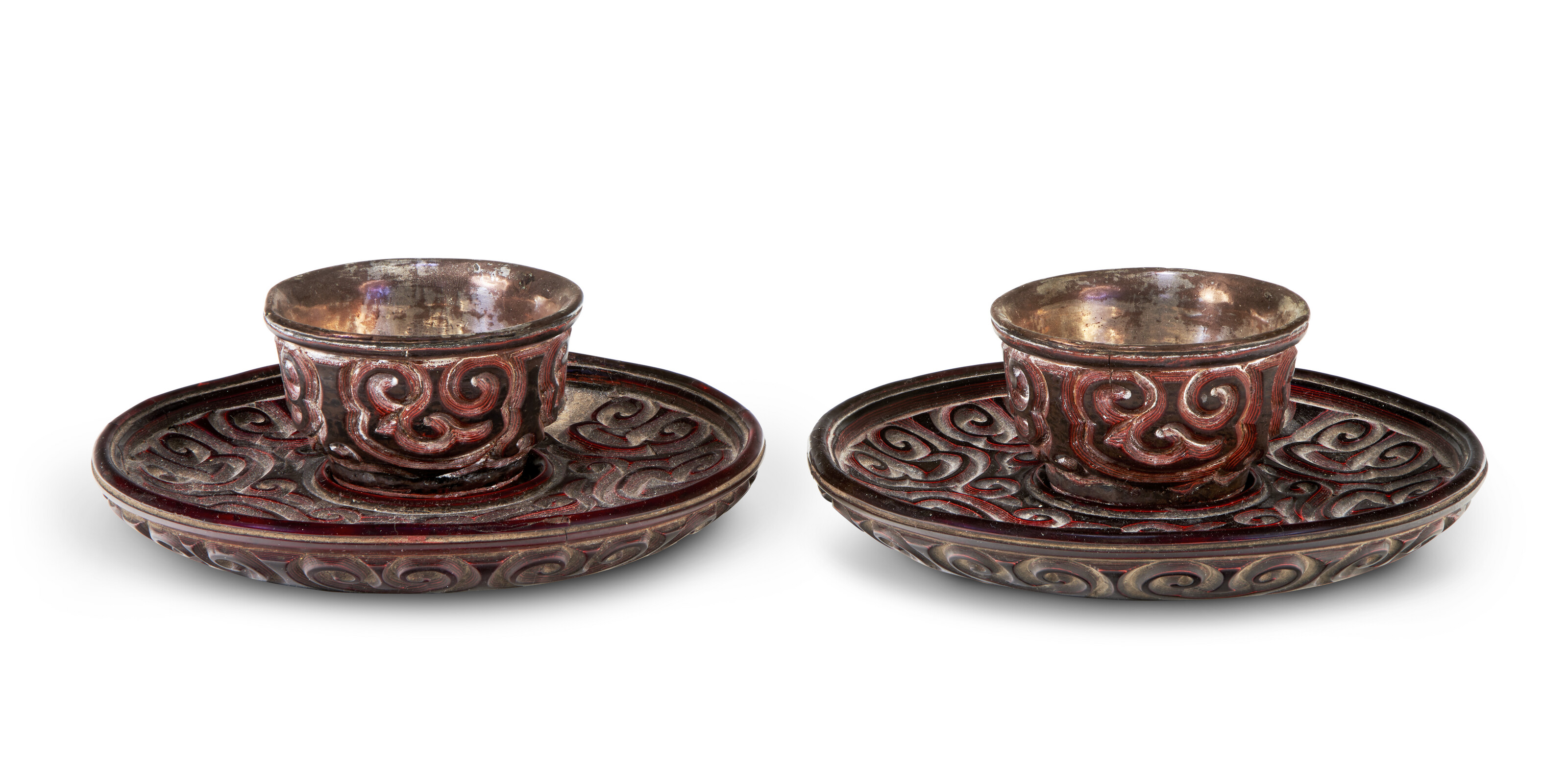 A PAIR OF SILVER-LINED TIXI LACQUER CUPS AND SMALL DISHES, MING DYNASTY ...