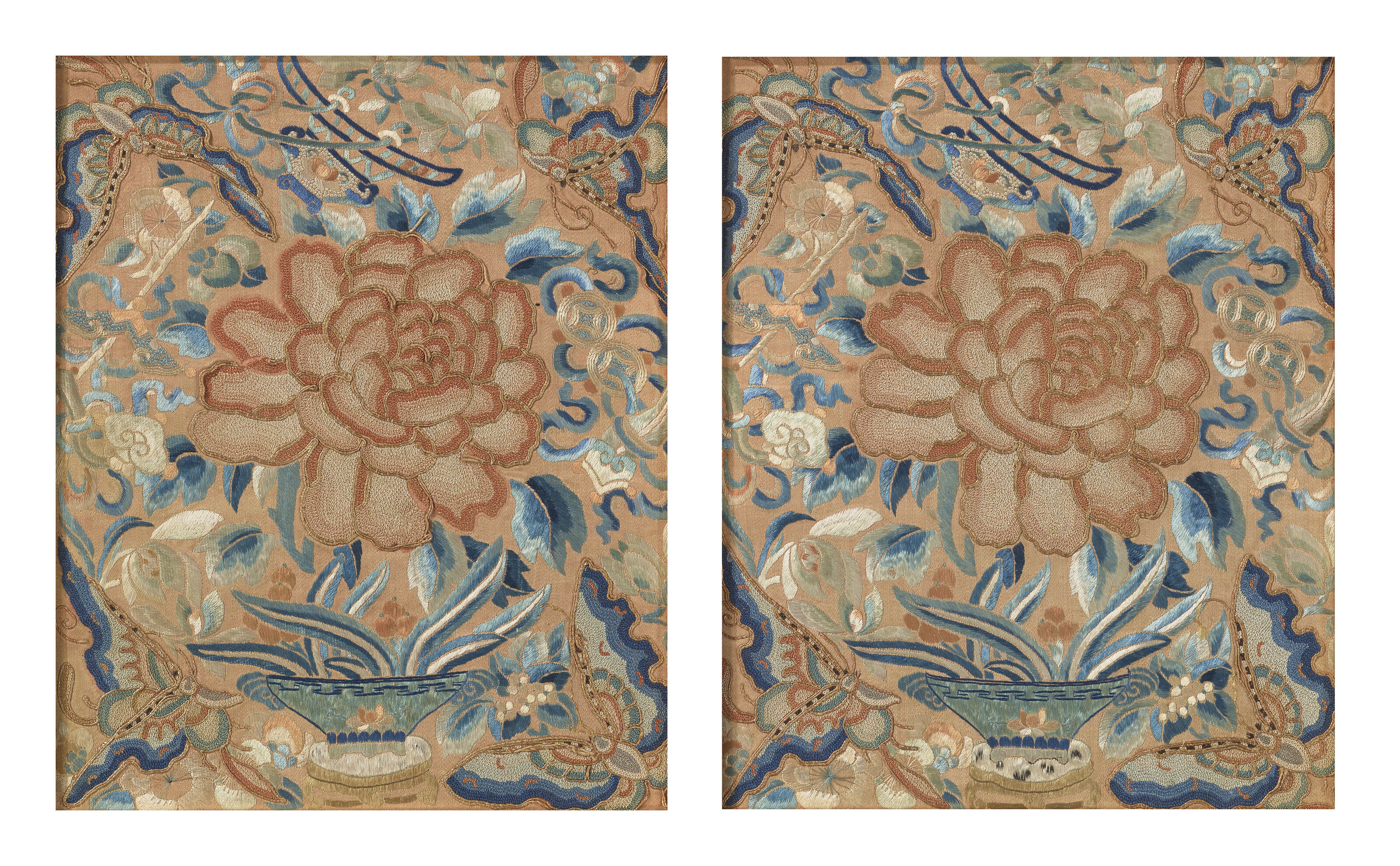 A PAIR OF EMBROIDERED PANELS IN PEKING STITCH, 19TH CENTURY | Christie’s