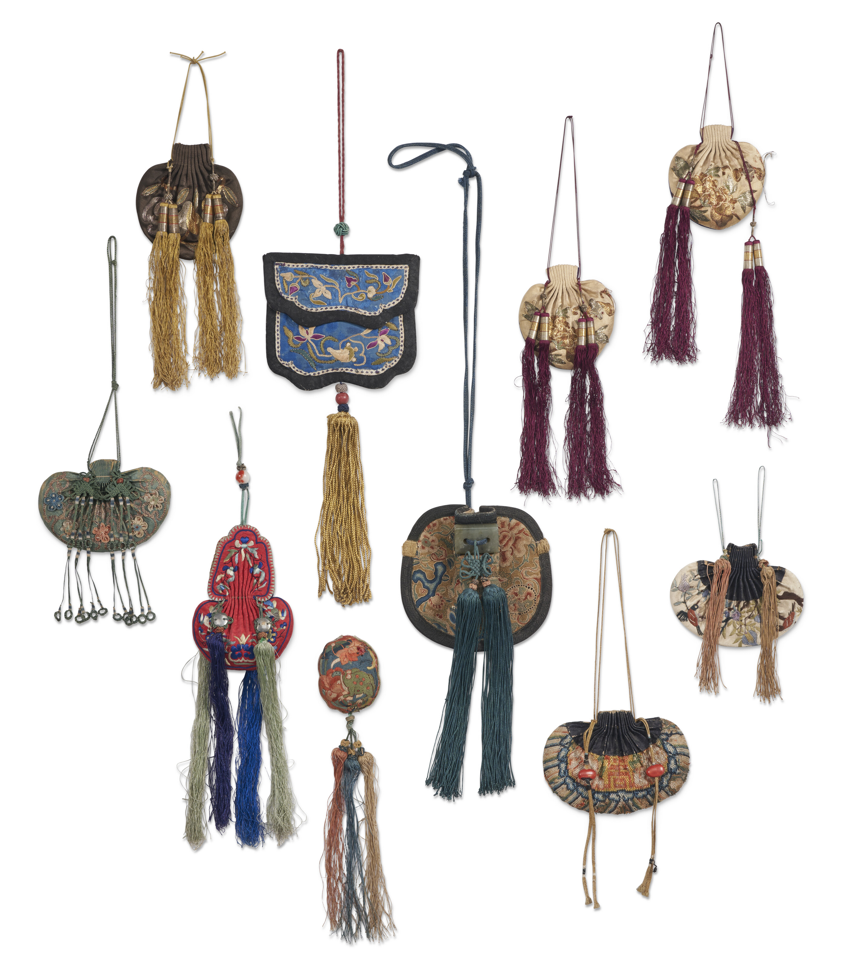 A GROUP OF NINE EMBROIDERED POUCHES AND PURSES, 18TH-19TH CENTURY ...