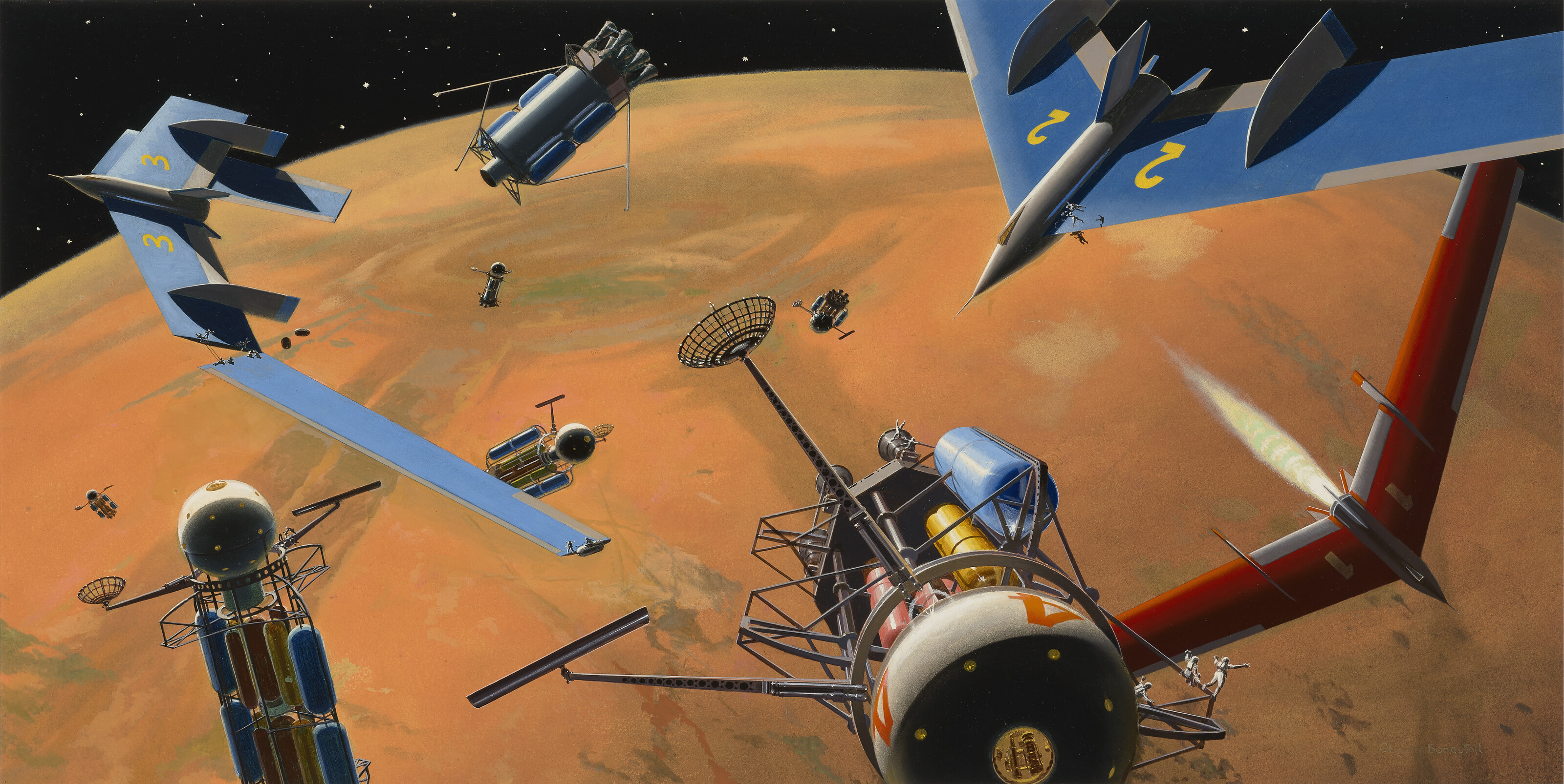 CHESLEY BONESTELL (1888-1986), IN ORBIT 600 MILES ABOVE MARS! PREPARING ...