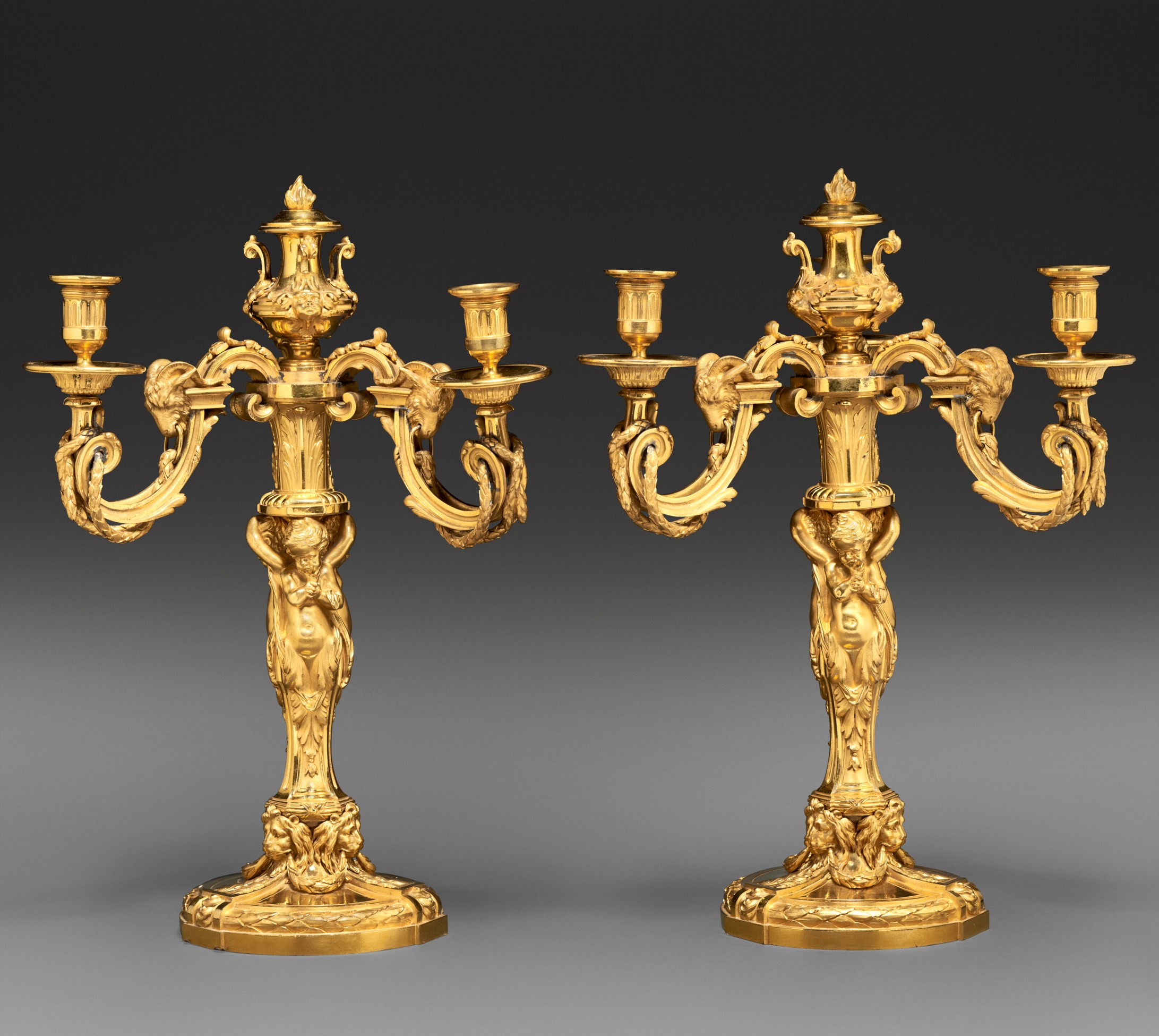 A PAIR OF LATE LOUIS XV ORMOLU THREE-BRANCH CANDELABRA, POSSIBLY BY ...