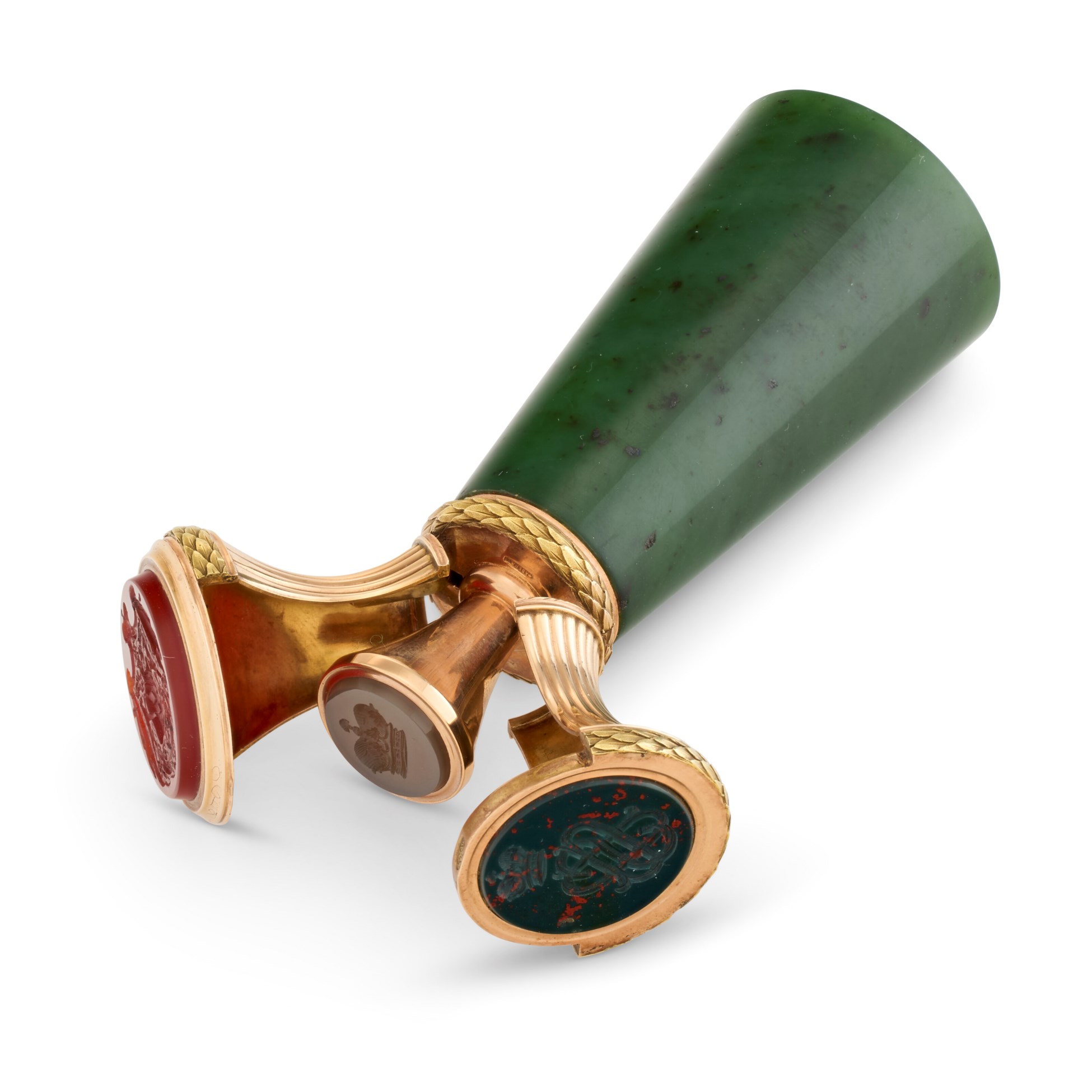 A TWO-COLOR GOLD-MOUNTED NEPHRITE TRIPLE HAND SEAL, BY FABERGÉ ...