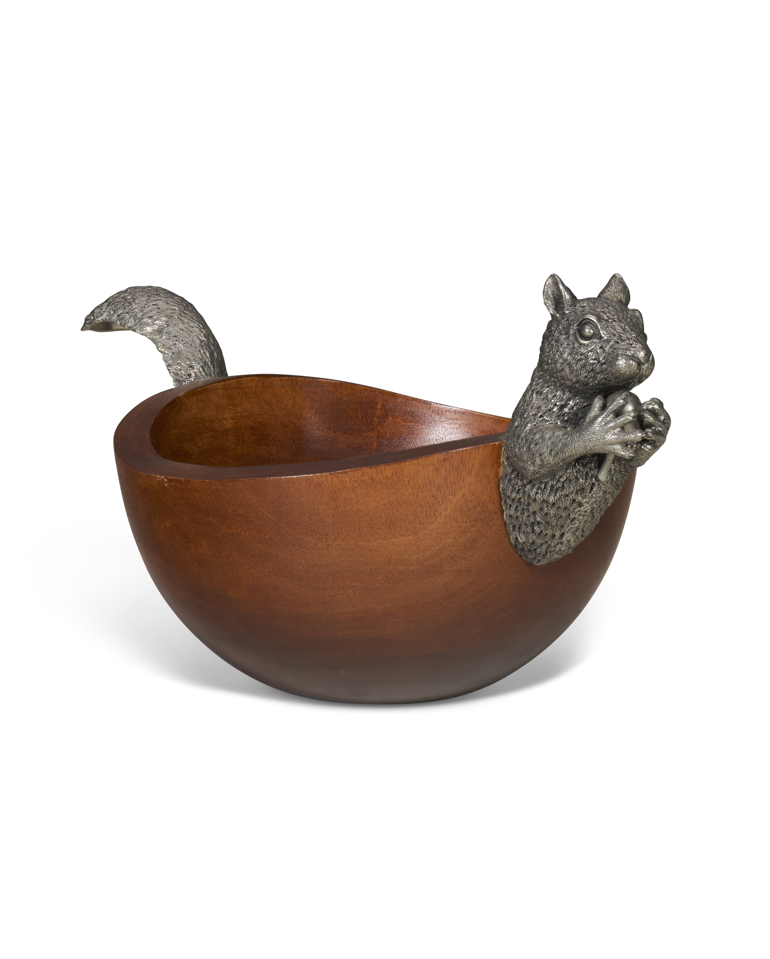 A PEWTER-MOUNTED FRUITWOOD SQUIRREL-FORM BOWL, BY VAGABOND HOUSE ...