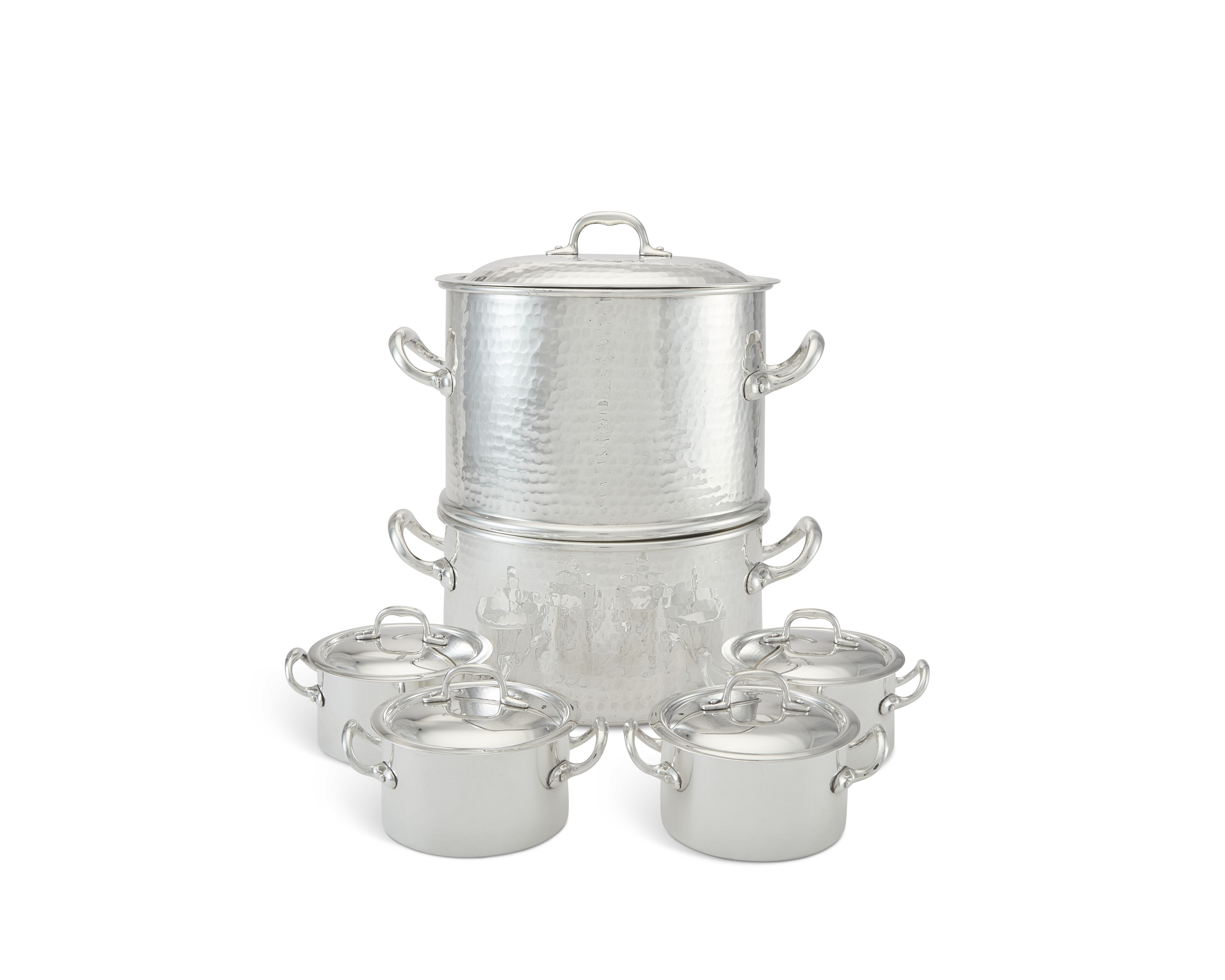 AN ITALIAN SILVER-PLATED STEAMER POT AND FOUR SMALL SAUCE POTS, LATE ...