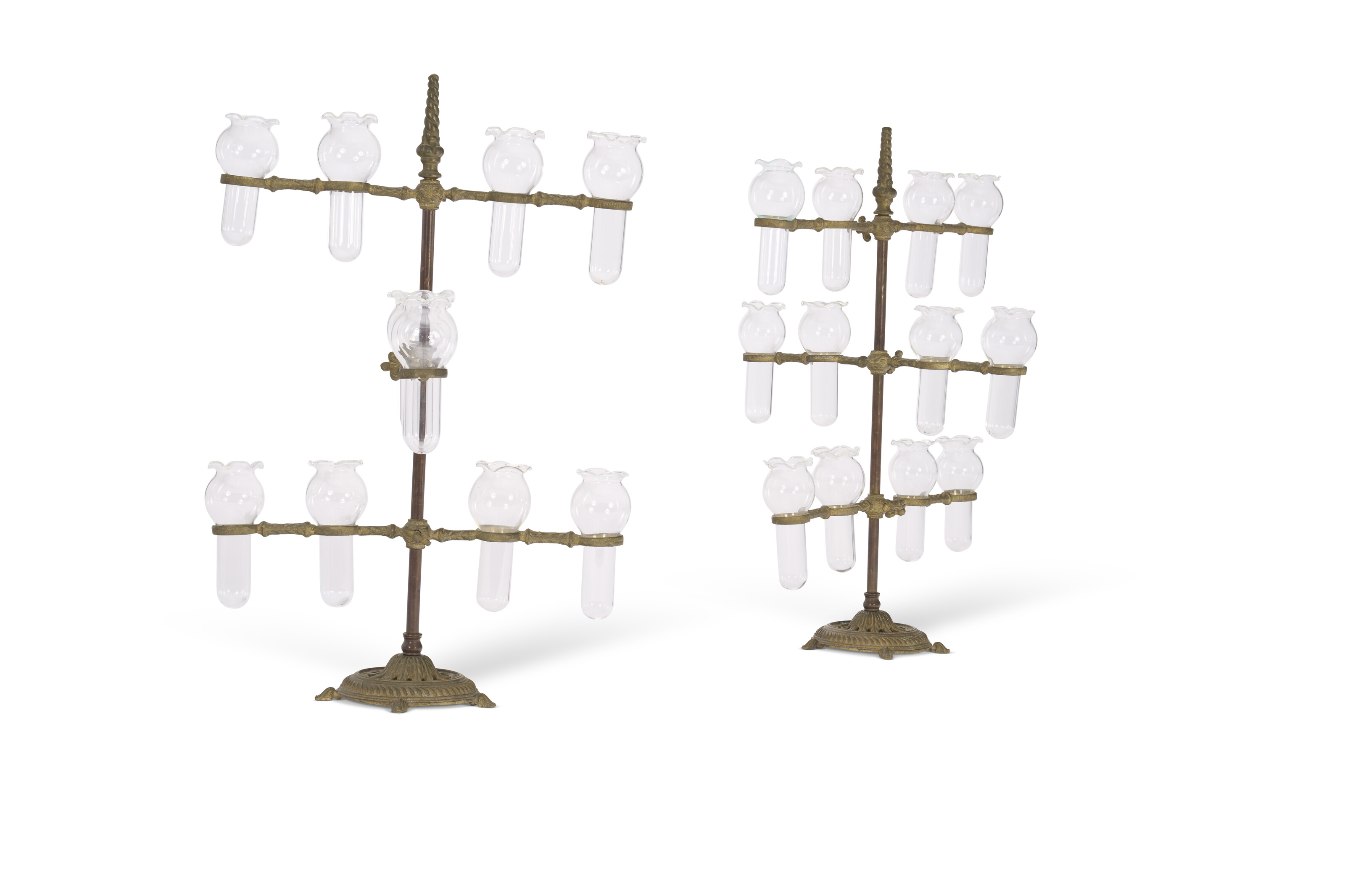 A PAIR OF VICTORIAN BRASS BUD VASE DISPLAY STANDS, 19TH/20TH CENTURY ...