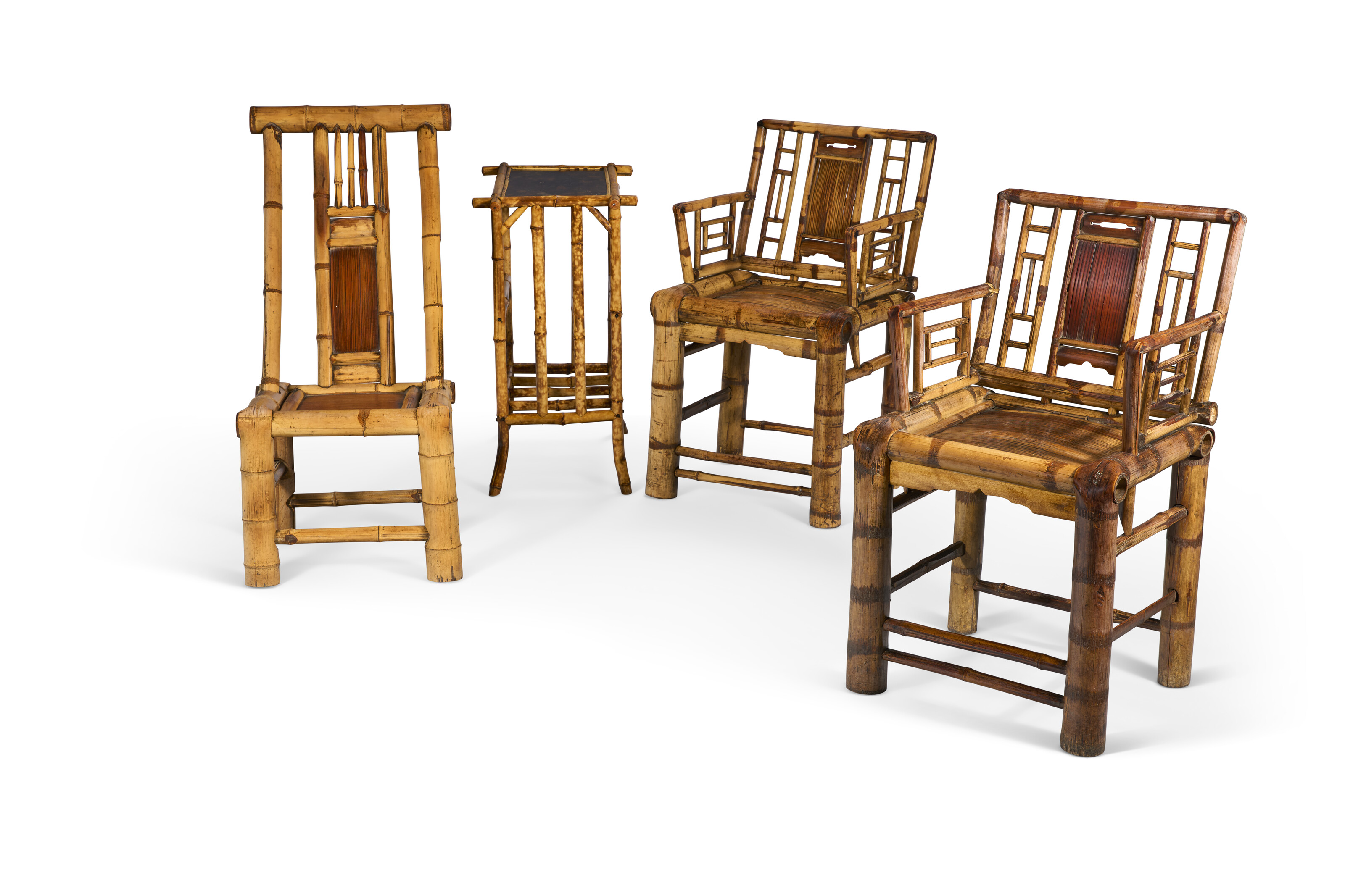 A PAIR OF BAMBOO AND SPLIT REED ARMCHAIRS; A BAMBOO AND SPLIT REED SIDE ...