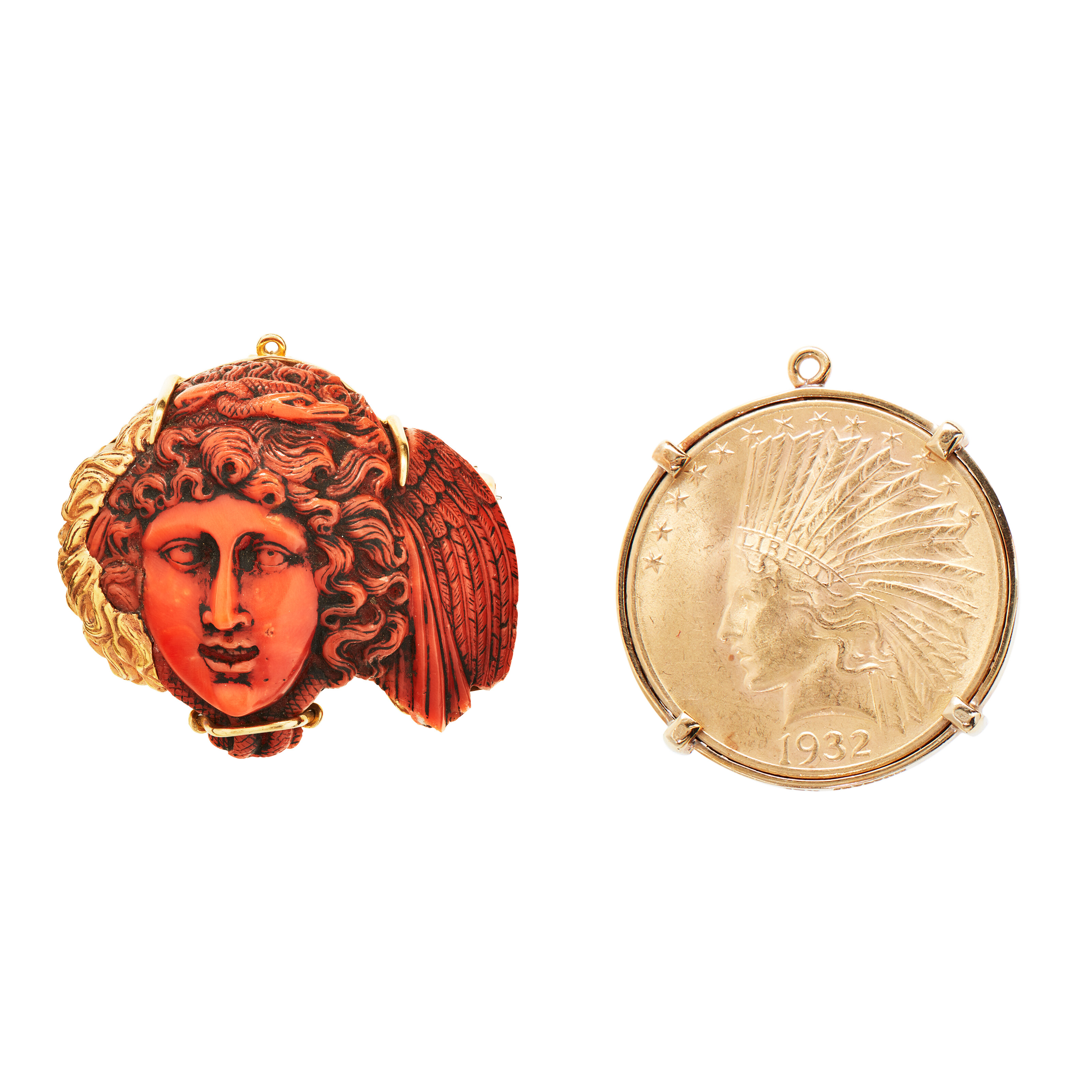 ANDREW CLUNN CORAL PENDANT BROOCH AND GOLD COIN PENDANT, | Christie’s