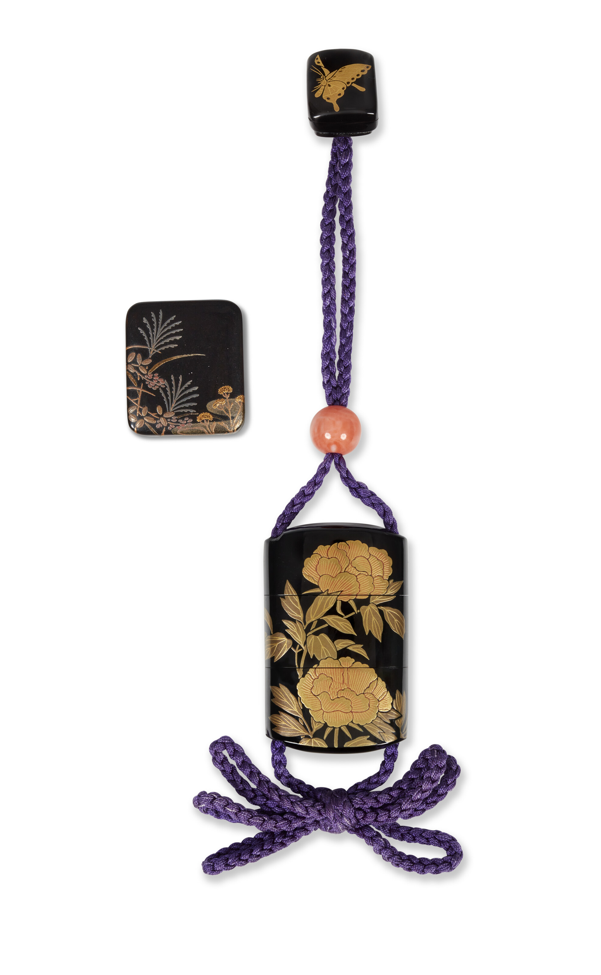 A LACQUER INRO AND A LACQUER ‘MINIATURE SUZURIBAKO’ NETSUKE, JAPAN ...