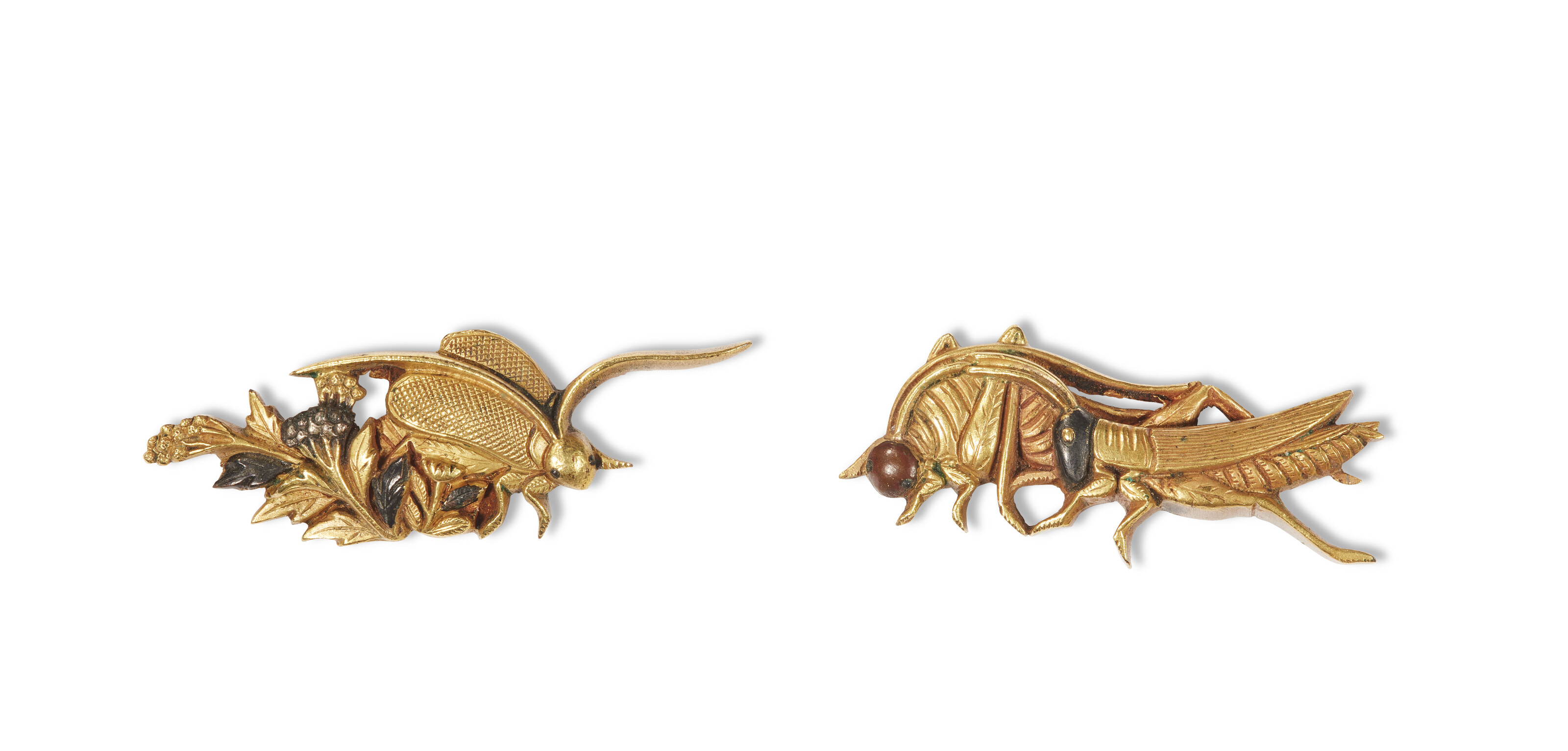 A PAIR OF GILT-METAL 'CRICKETS' MENUKI, JAPAN, EDO-MEIJI PERIOD, 19TH ...
