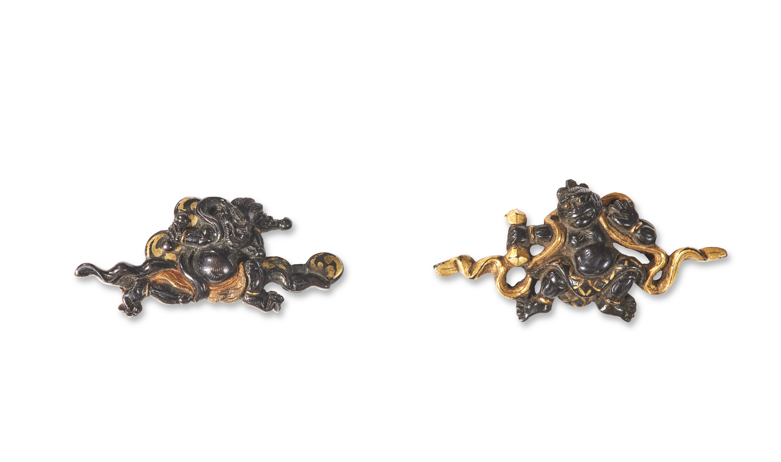 A PAIR OF GOLD AND SHAKUDO 'FUJIN AND REIJIN' MENUKI, JAPAN, EDO-MEIJI ...