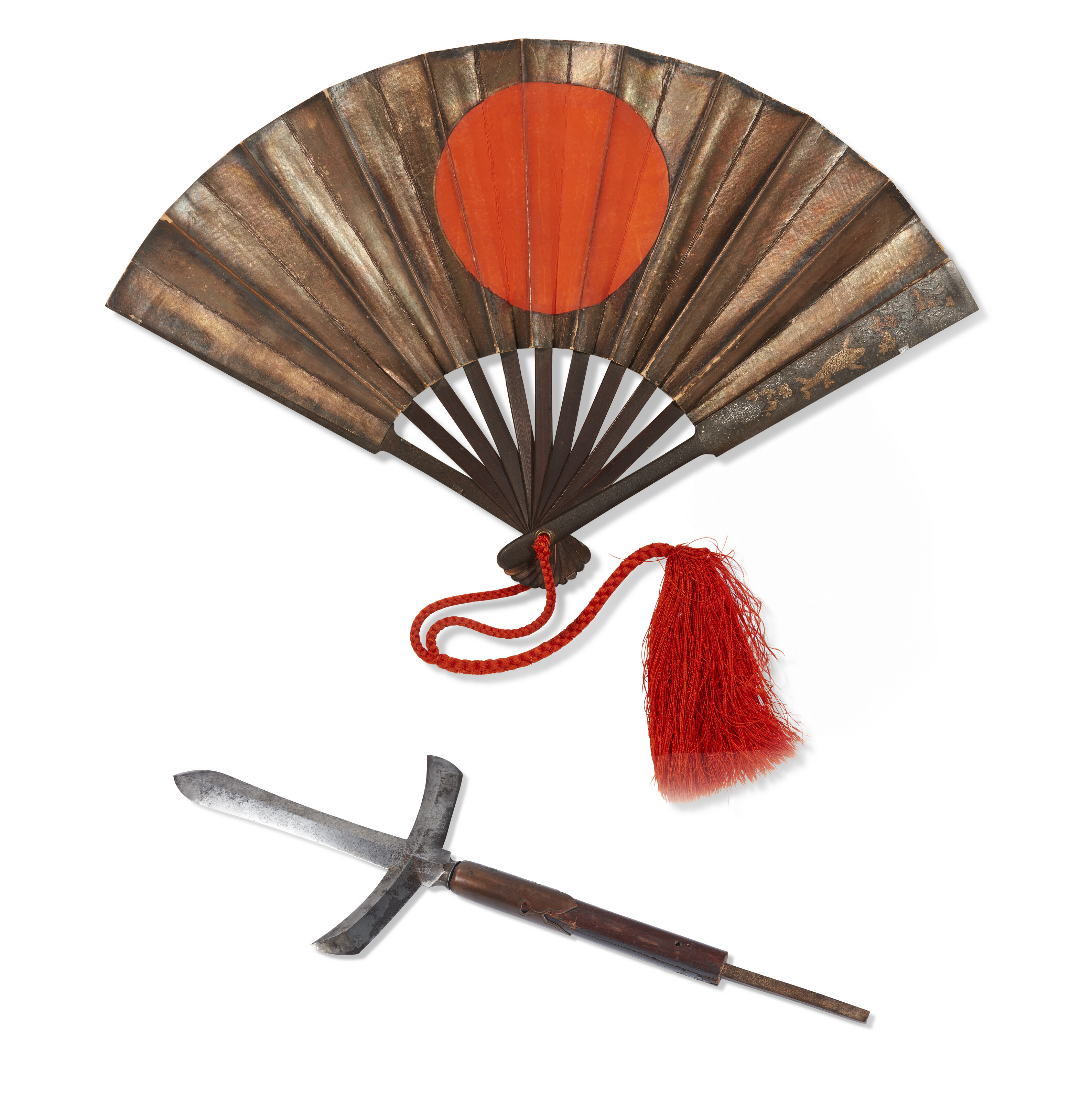 A GOLD-AND-SILVER-INLAID IRON COMMAND FAN AND AN IRON JUMONJI YARI ...