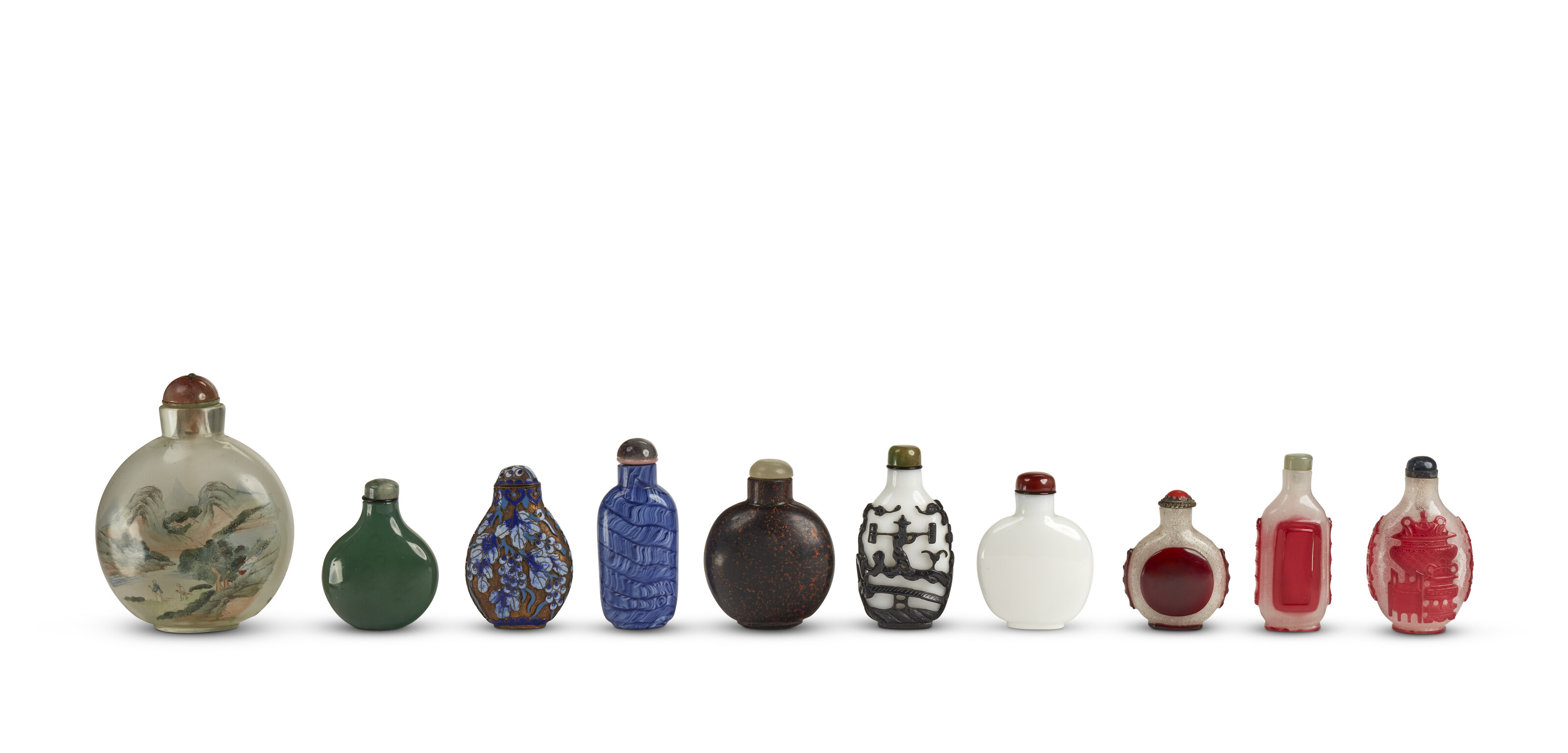 A GROUP OF NINE GLASS SNUFF BOTTLES AND ONE CLOISONNÉ ENAMEL SNUFF ...