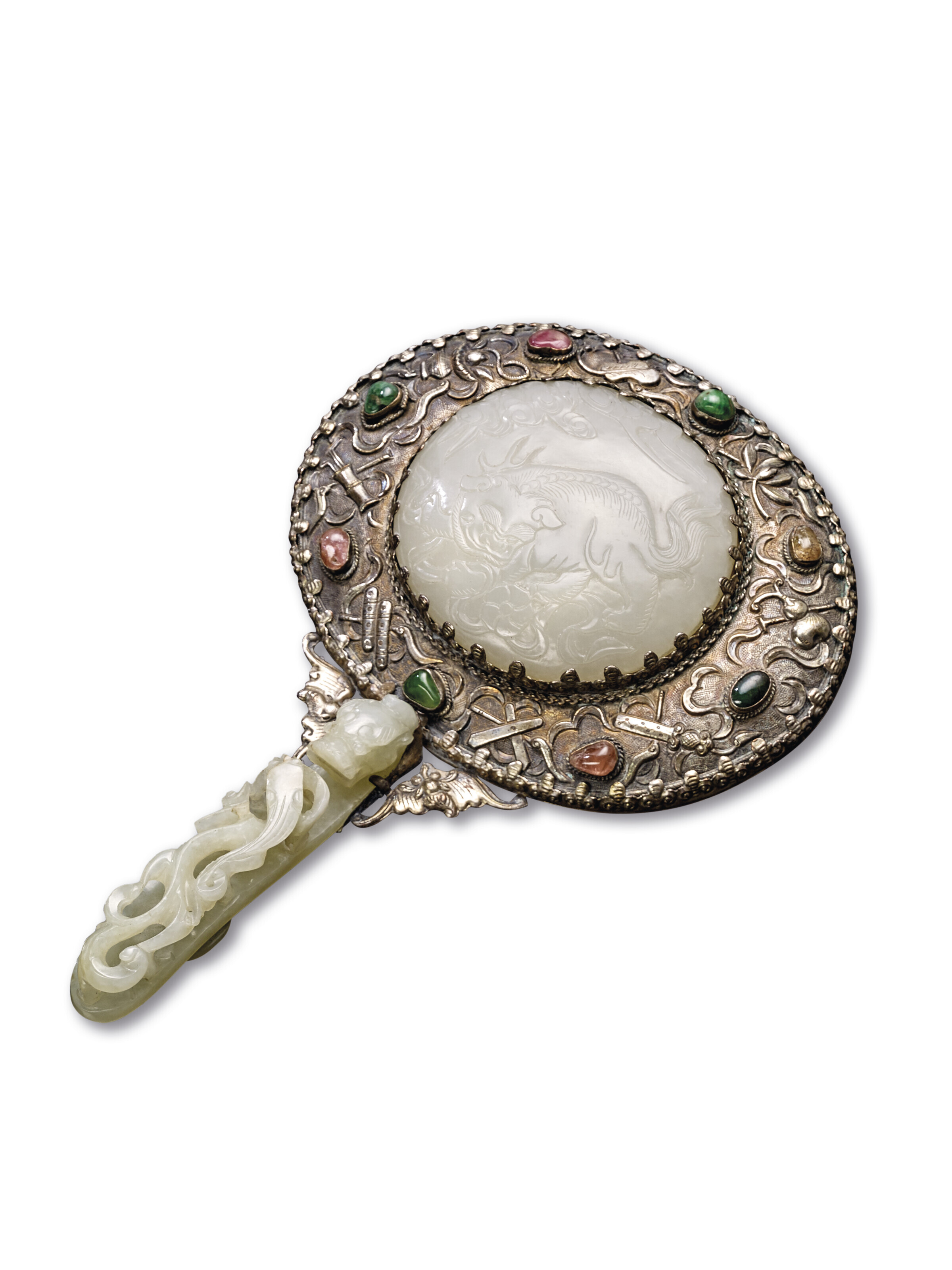 A WHITE JADE AND PALE CELADON JADE-MOUNTED SILVER HAND MIRROR, CHINA ...