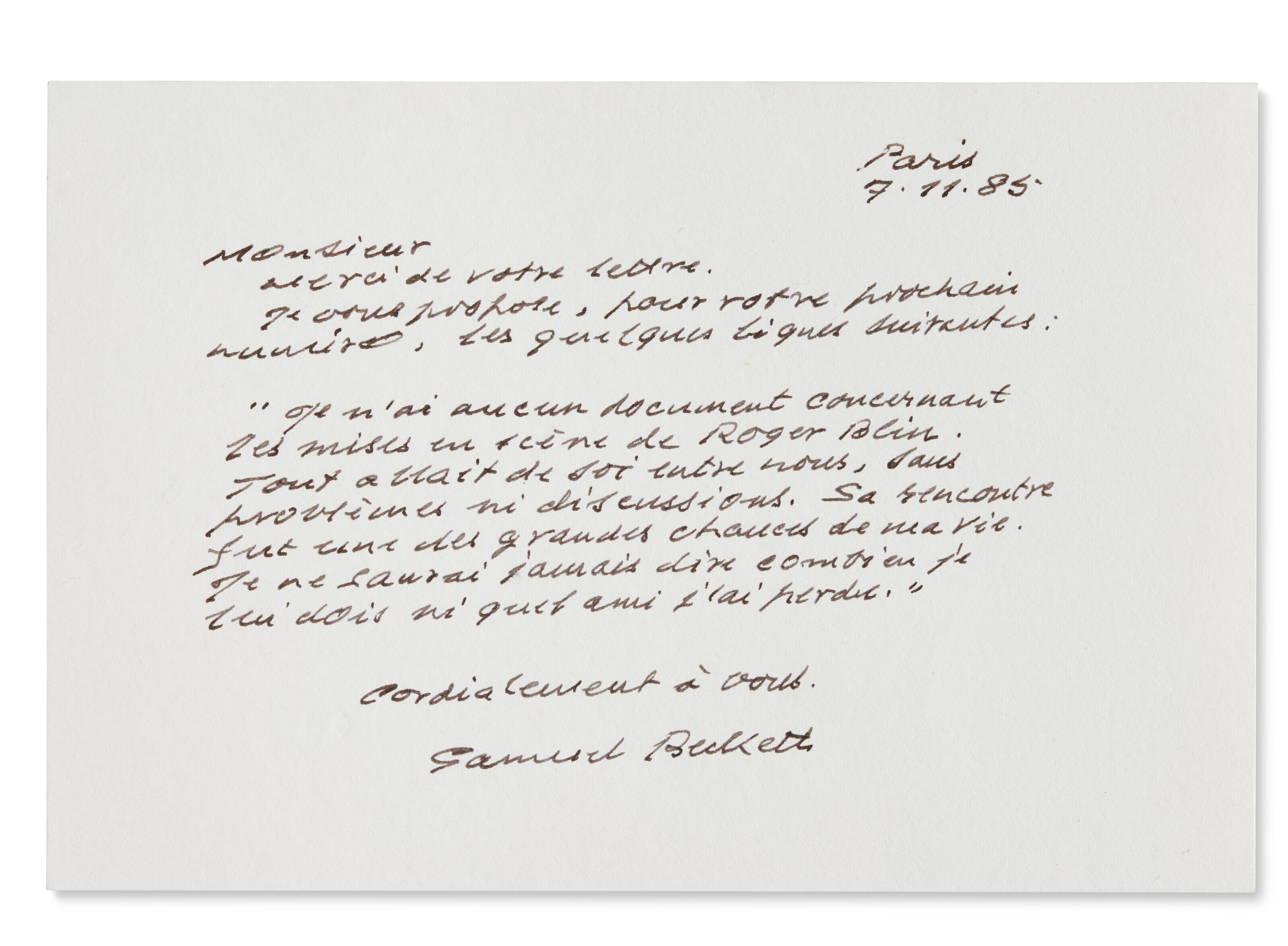 BECKETT, Samuel (1906-1989), Carte autographe signée à Michel Surya ...