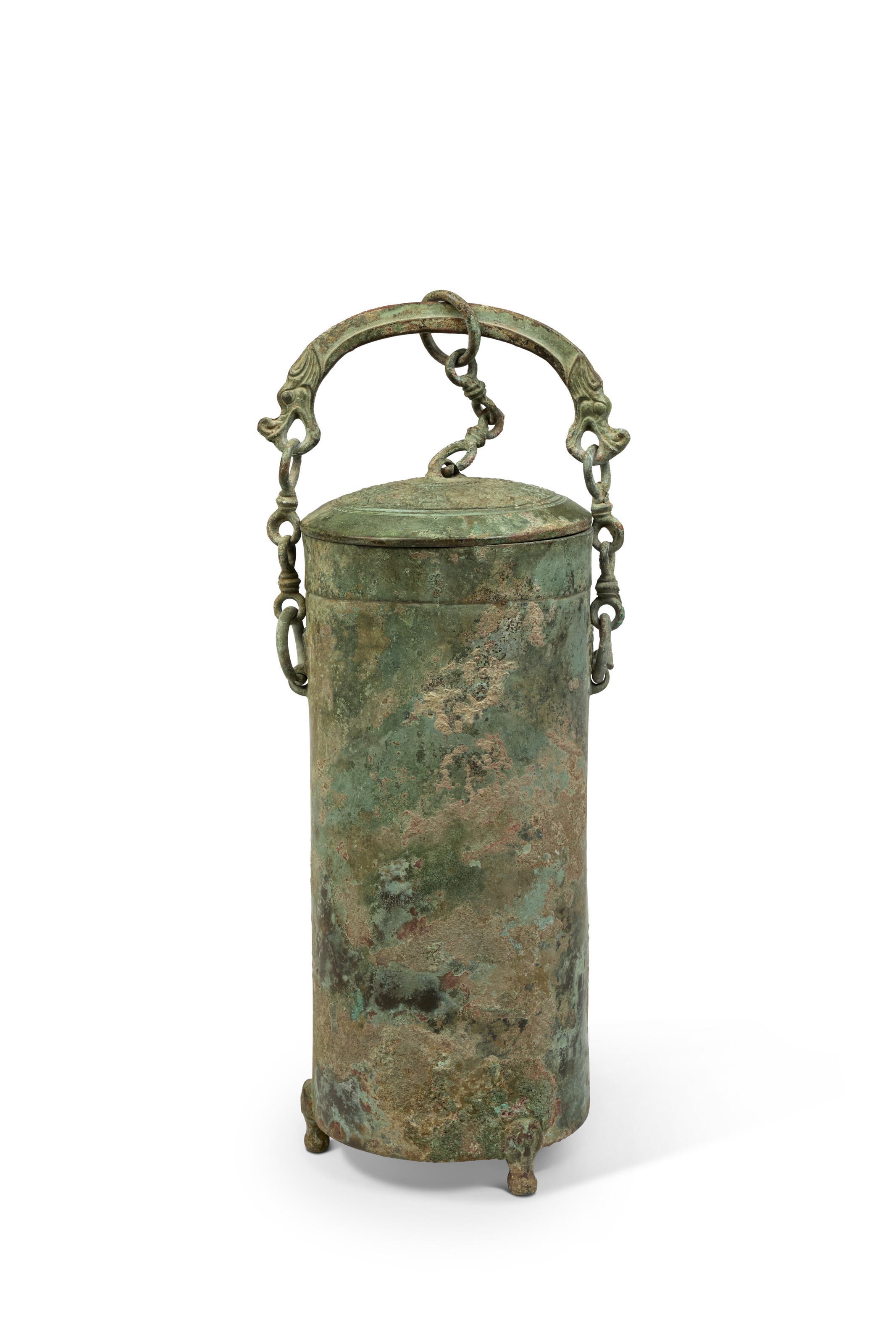 A BRONZE CYLINDRICAL TRIPOD VESSEL AND COVER, XING, CHINA, HAN DYNASTY ...