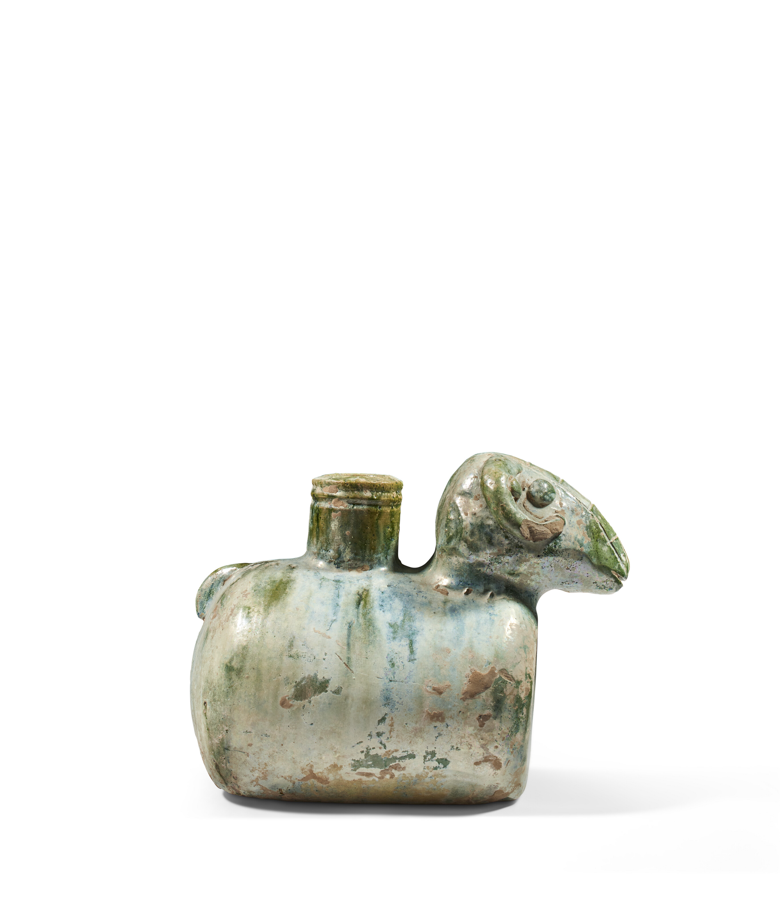 A RARE GREEN-GLAZED POTTERY RAM-FORM VESSEL, CHINA, HAN DYNASTY (206 B ...