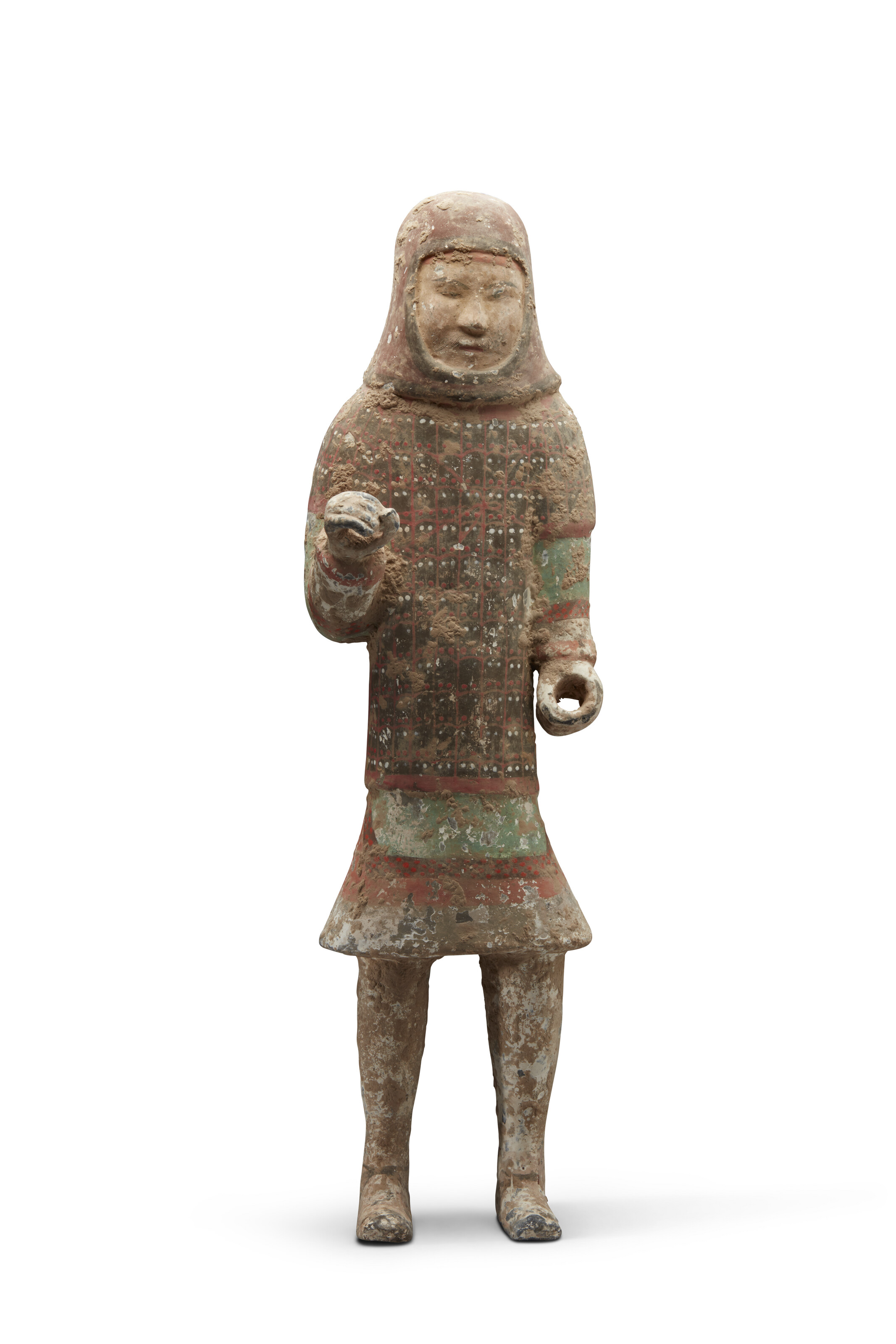 A LARGE PAINTED GREY POTTERY FIGURE OF A SOLDIER, CHINA, HAN DYNASTY ...