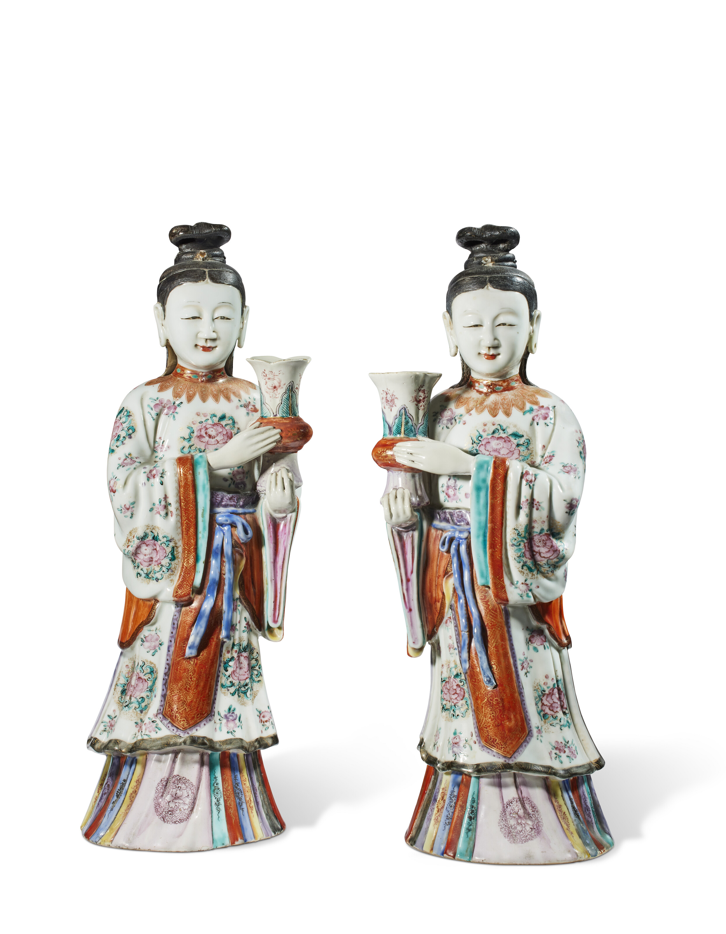 A PAIR OF FAMILLE ROSE COURT LADY-FORM CANDLE HOLDERS, CHINA, QING ...
