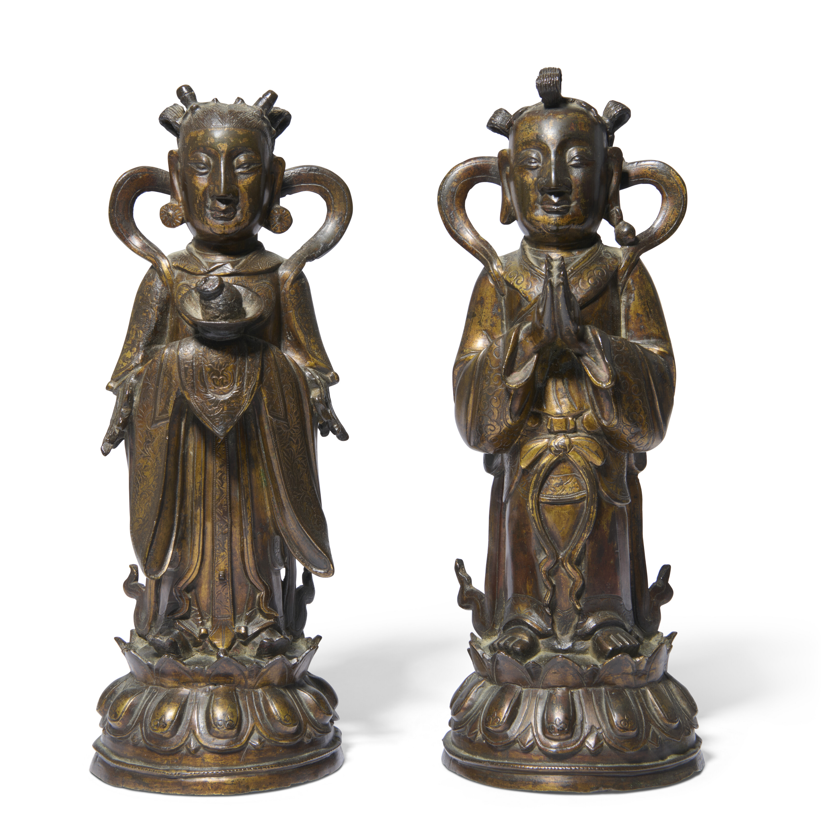 A PAIR OF GILT-LACQUERED BRONZE FIGURES OF ATTENDANTS, CHINA, QING DYNASTY, 17TH-18TH CENTURY ...