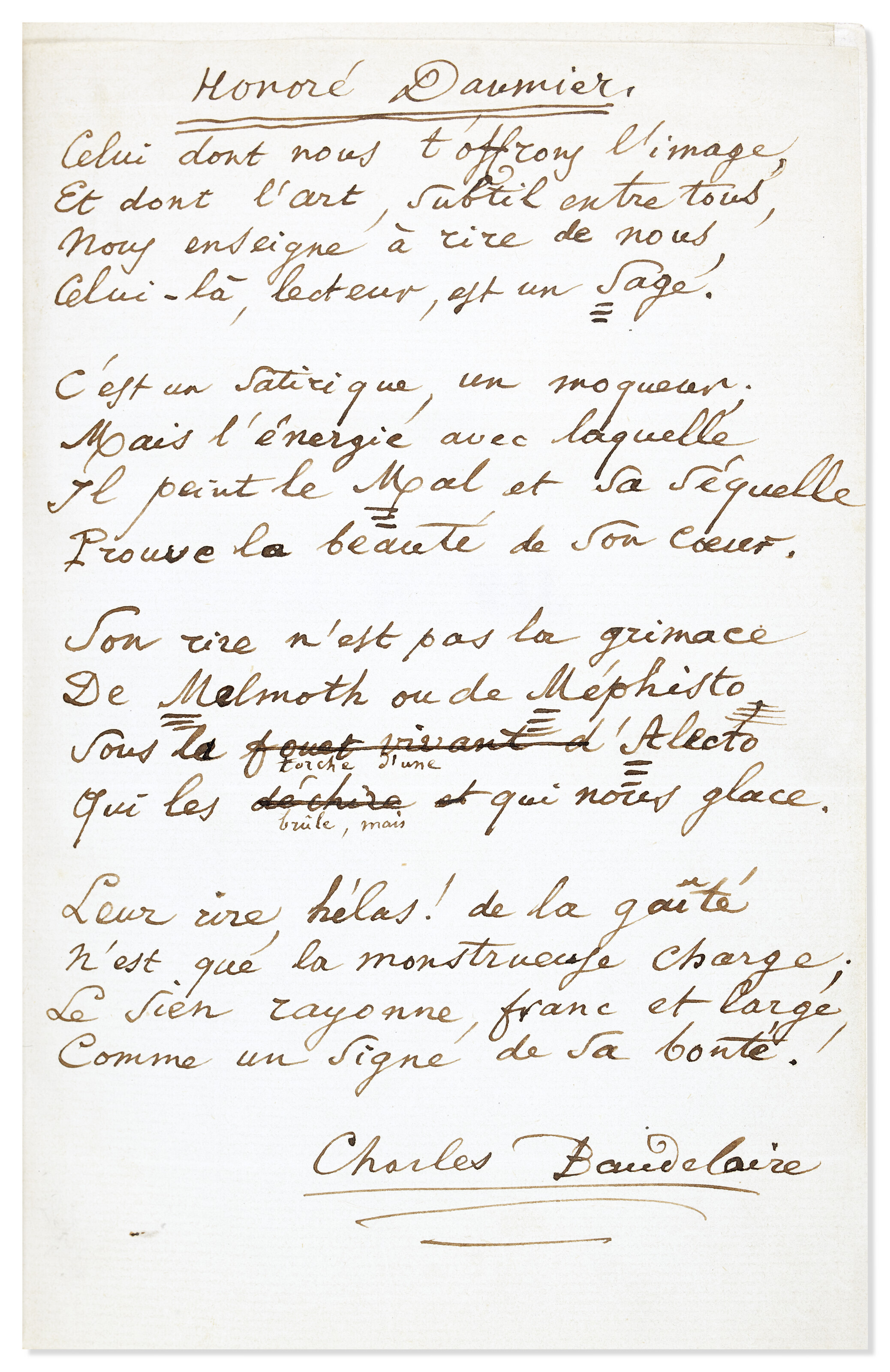 BAUDELAIRE, Charles (1821-1867)., Honoré Daumier. Poème autographe ...