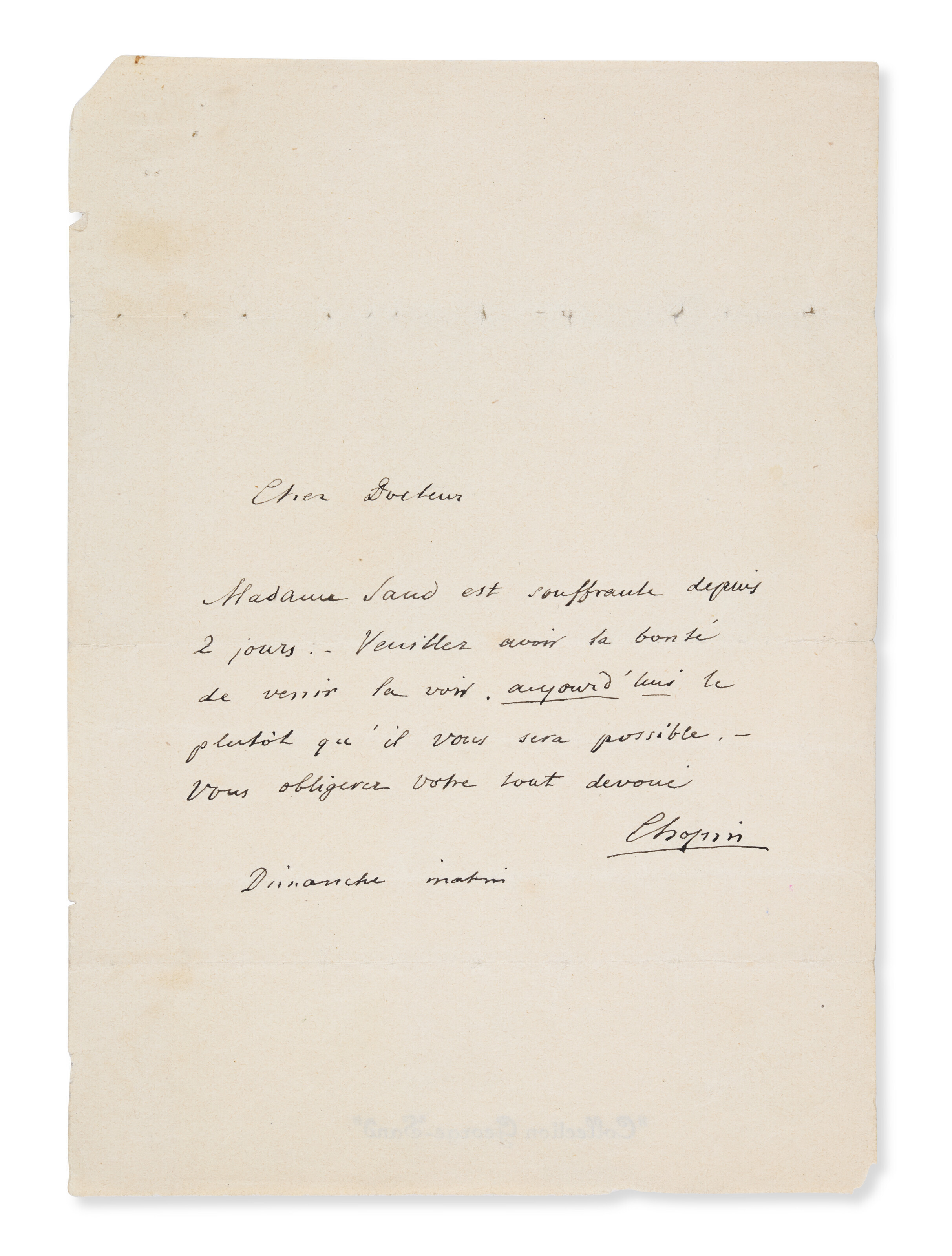 CHOPIN, Frédéric (1810-1849) [et George SAND (1804-1876)], Billet ...