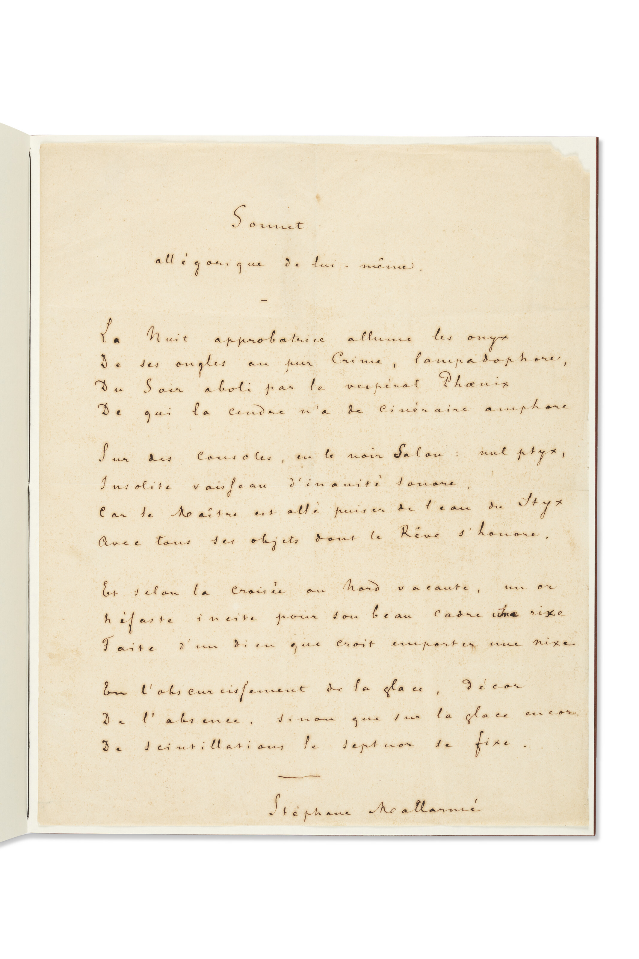 MALLARMÉ, Stéphane (1848-1898), Sonnet allégorique de lui-même ...