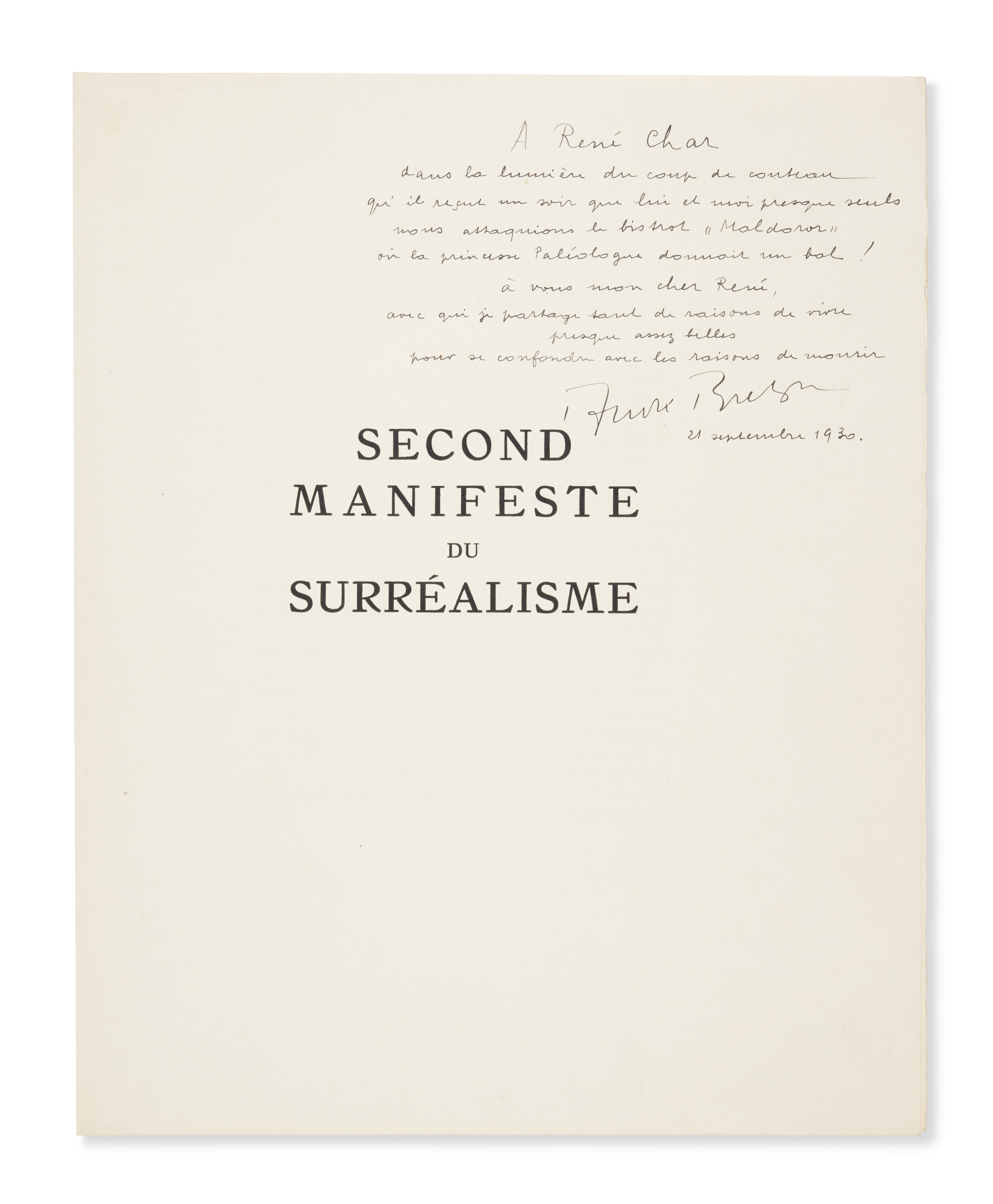 BRETON, André (1896-1966), Second manifeste du surréalisme. Paris ...