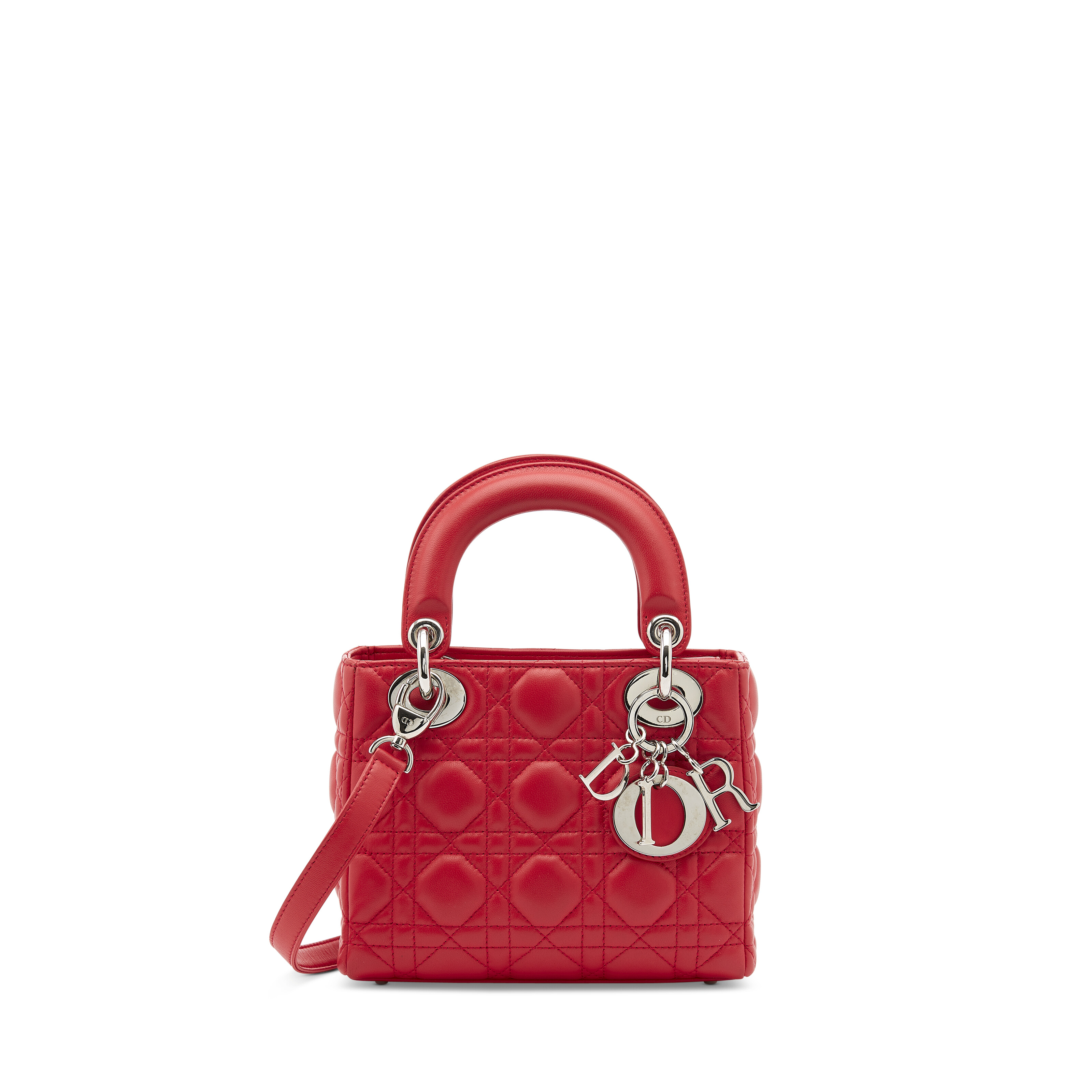 A BRIGHT RED CANNAGE LAMBSKIN LEATHER MINI LADY DIOR WITH SILVER ...