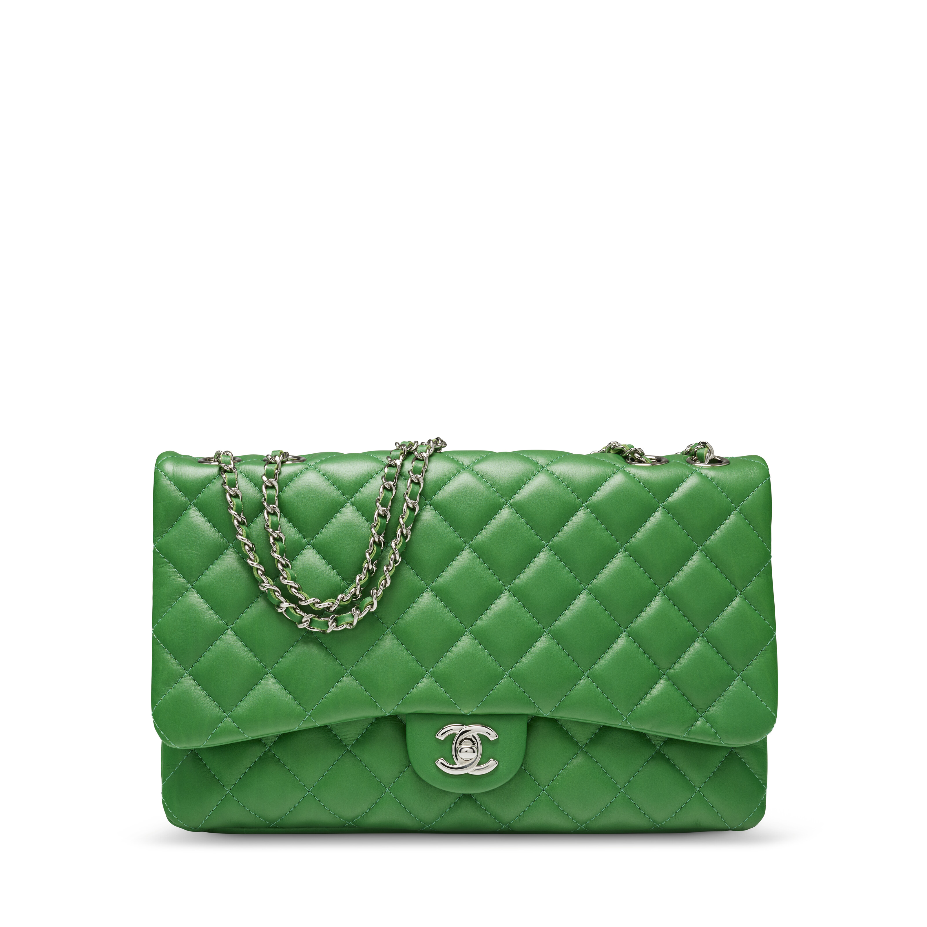 A GREEN QUILTED CALF LEATHER MEDIUM CLASSIC FLAP WITH SILVER HARDWARE ...