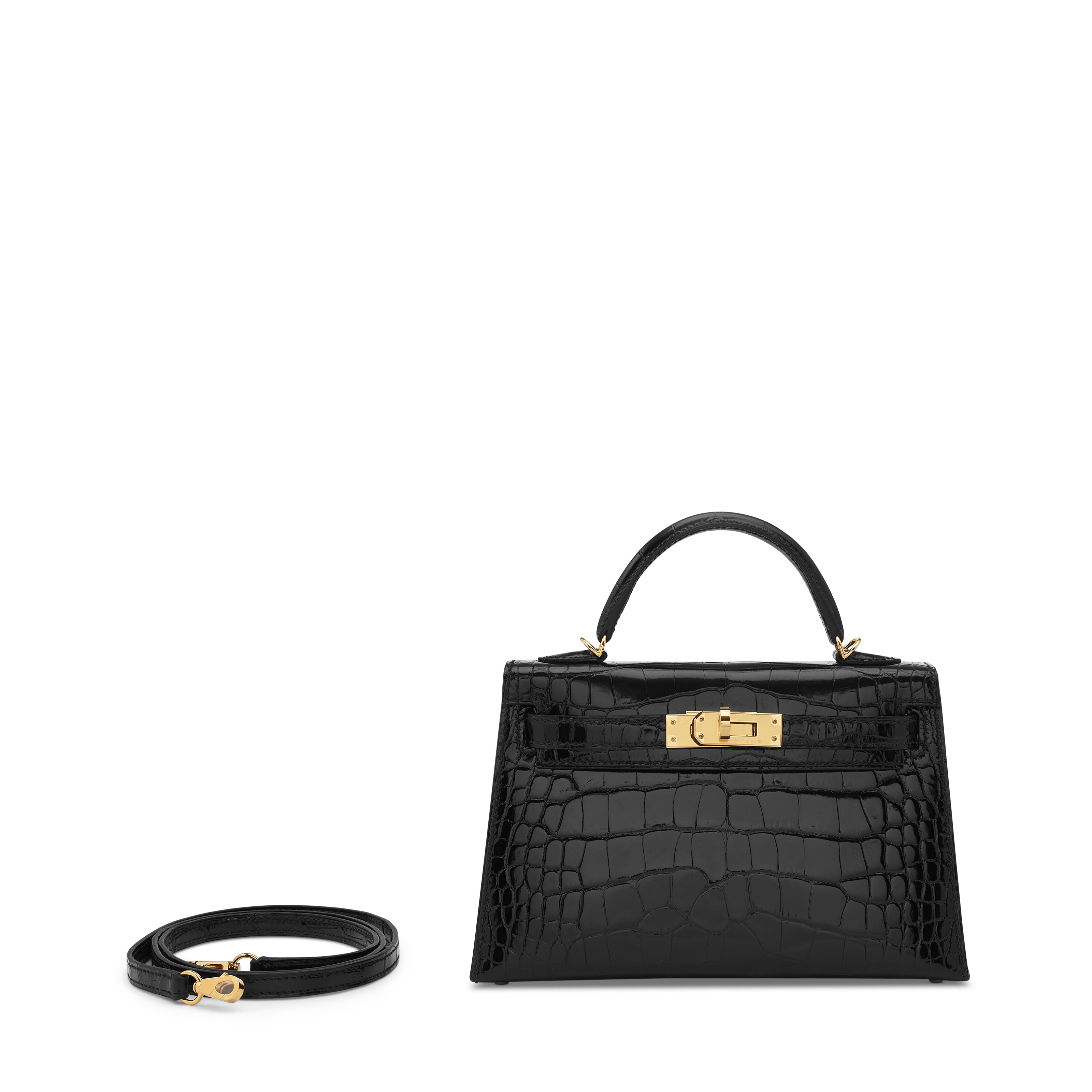 A SHINY BLACK ALLIGATOR SELLIER MINI KELLY 20 II WITH GOLD HARDWARE ...