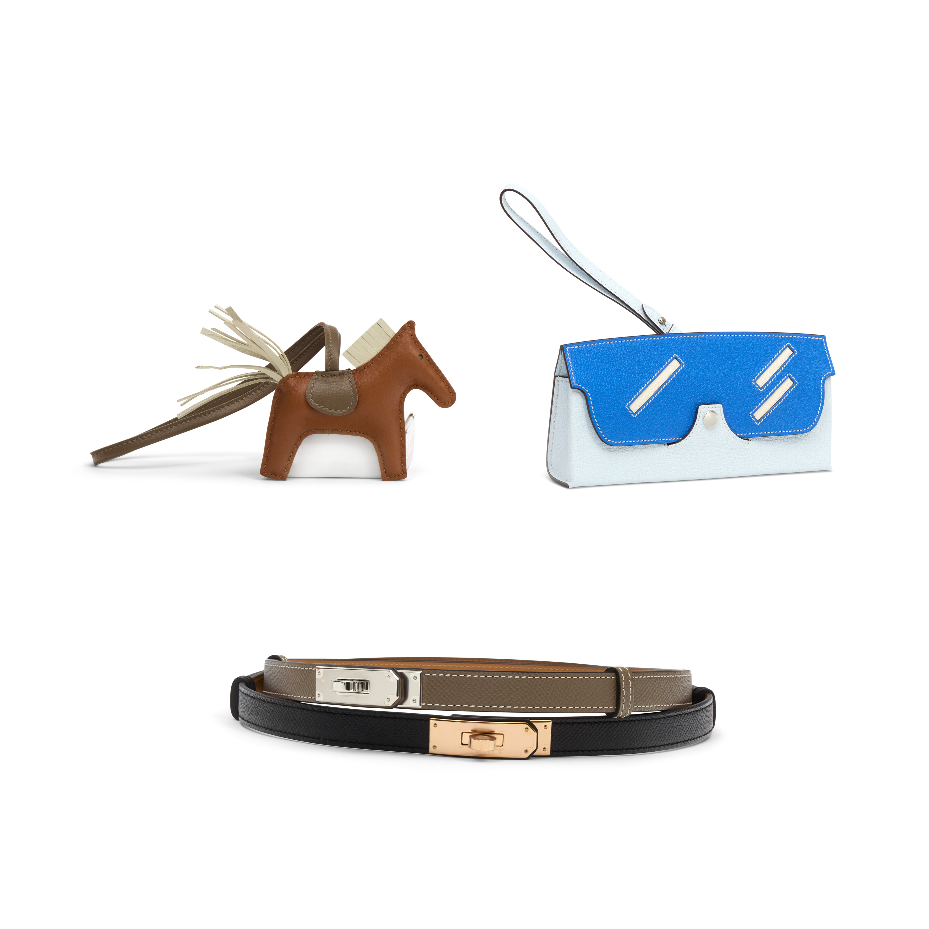 A GROUP OF FOUR: A BLACK EPSOM LEATHER KELLY 18 BELT WITH PINK GOLD ...