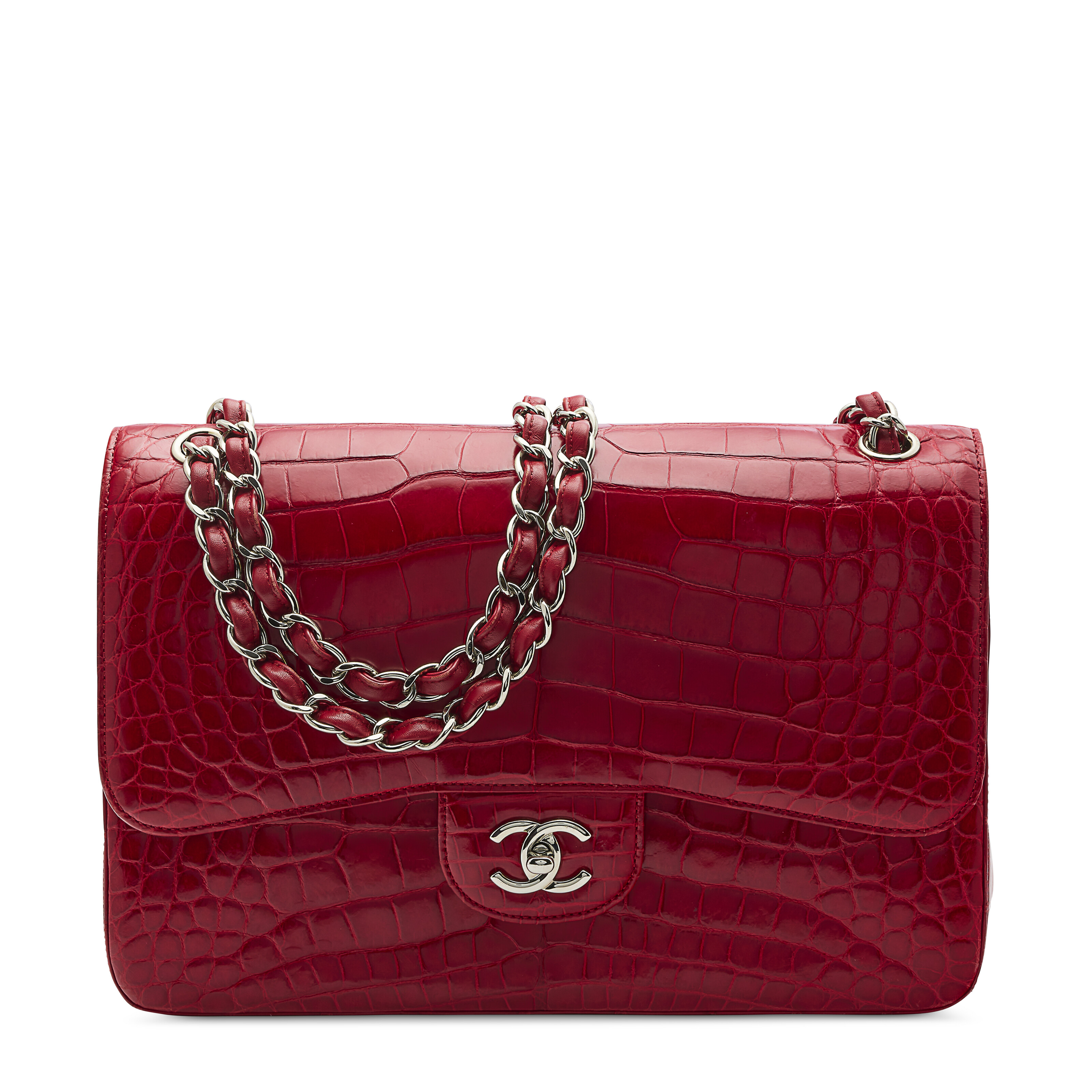 A SHINY RED ALLIGATOR CLASSIC JUMBO DOUBLE FLAP WITH SILVER HARDWARE ...