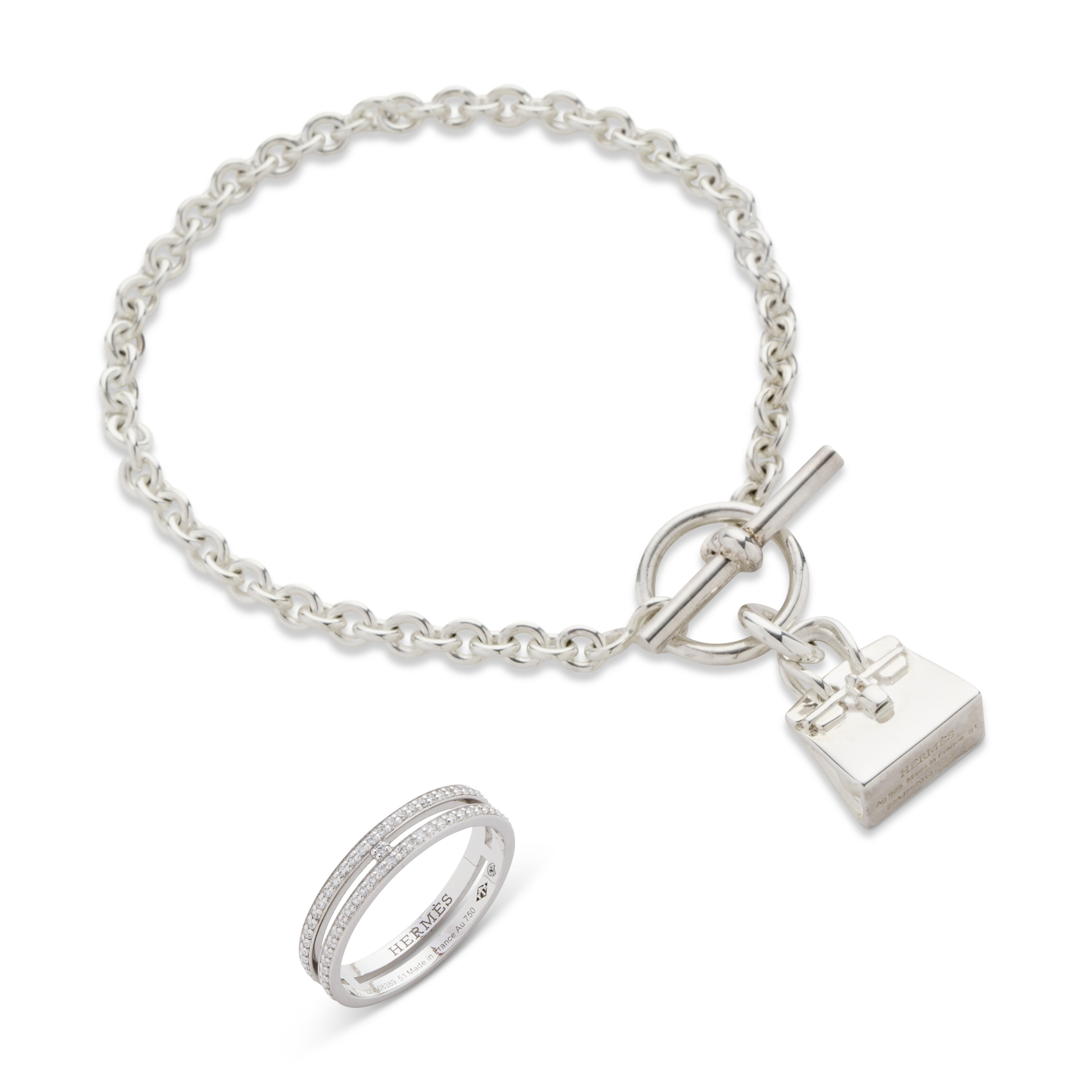 A GROUP OF TWO: A SILVER MINI BIRKIN BRACELET & AN 18K WHITE GOLD ...