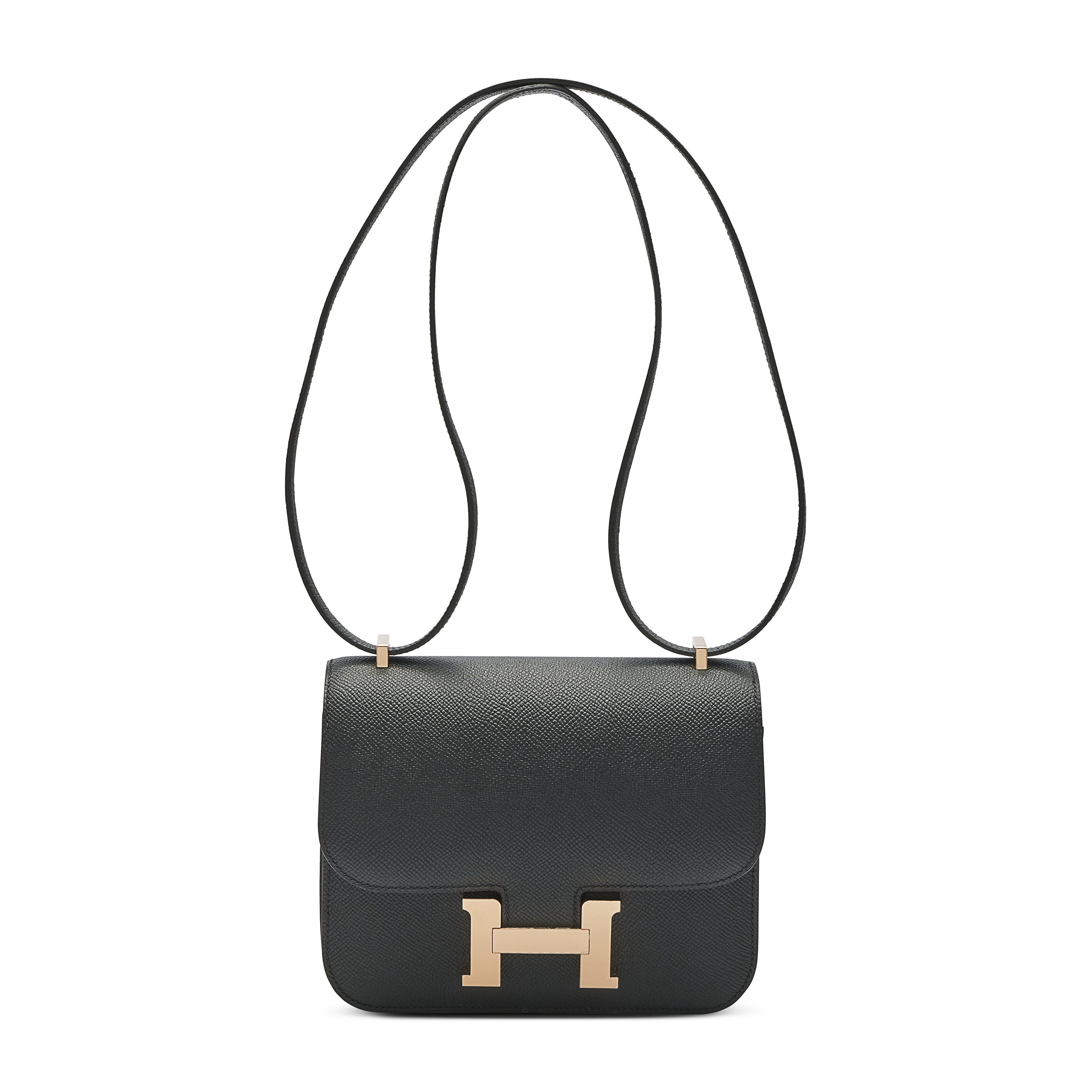 A BLACK EPSOM LEATHER MINI MIRROR CONSTANCE III WITH PINK GOLD HARDWARE ...