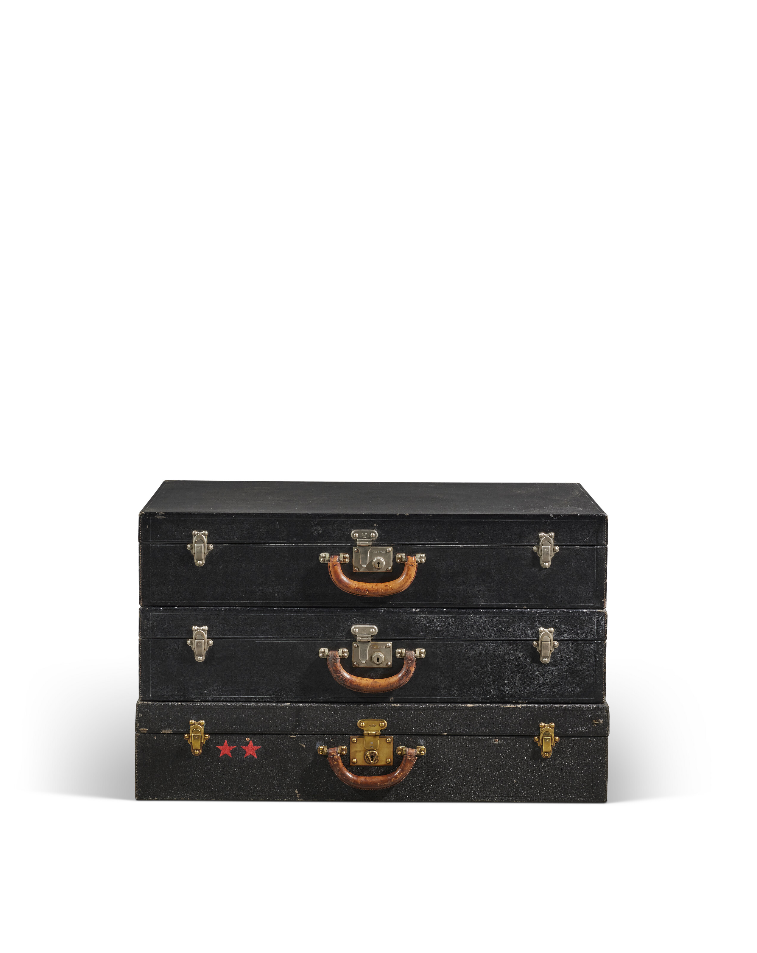 A GROUP OF THREE: A BLACK VUITTONITE CANVAS STACKABLE CAR TRUNKS WITH ...