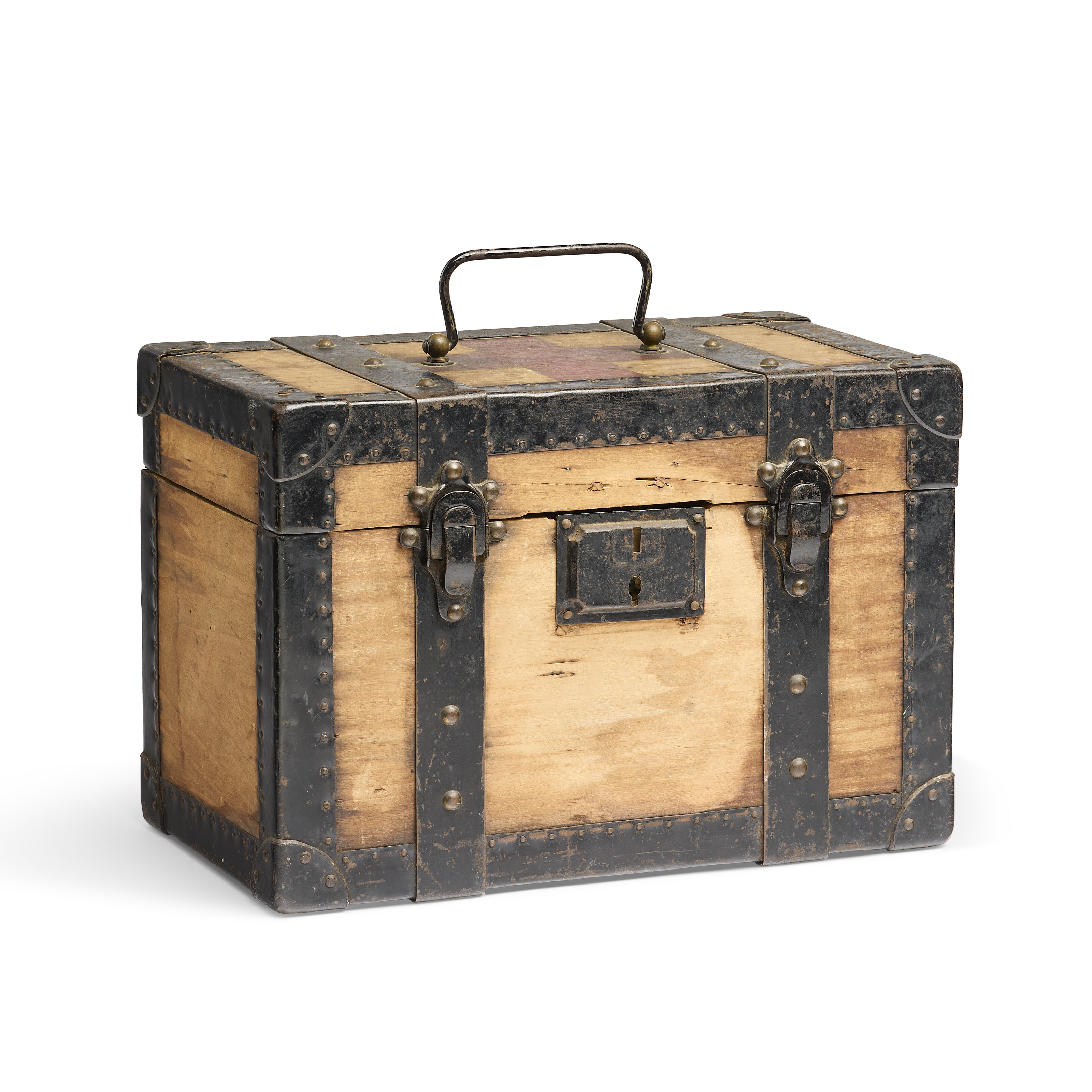 A NATURAL WOODEN FIRST AID KIT TRUNK WITH BLACK LACQUERED IRON HARDWARE ...