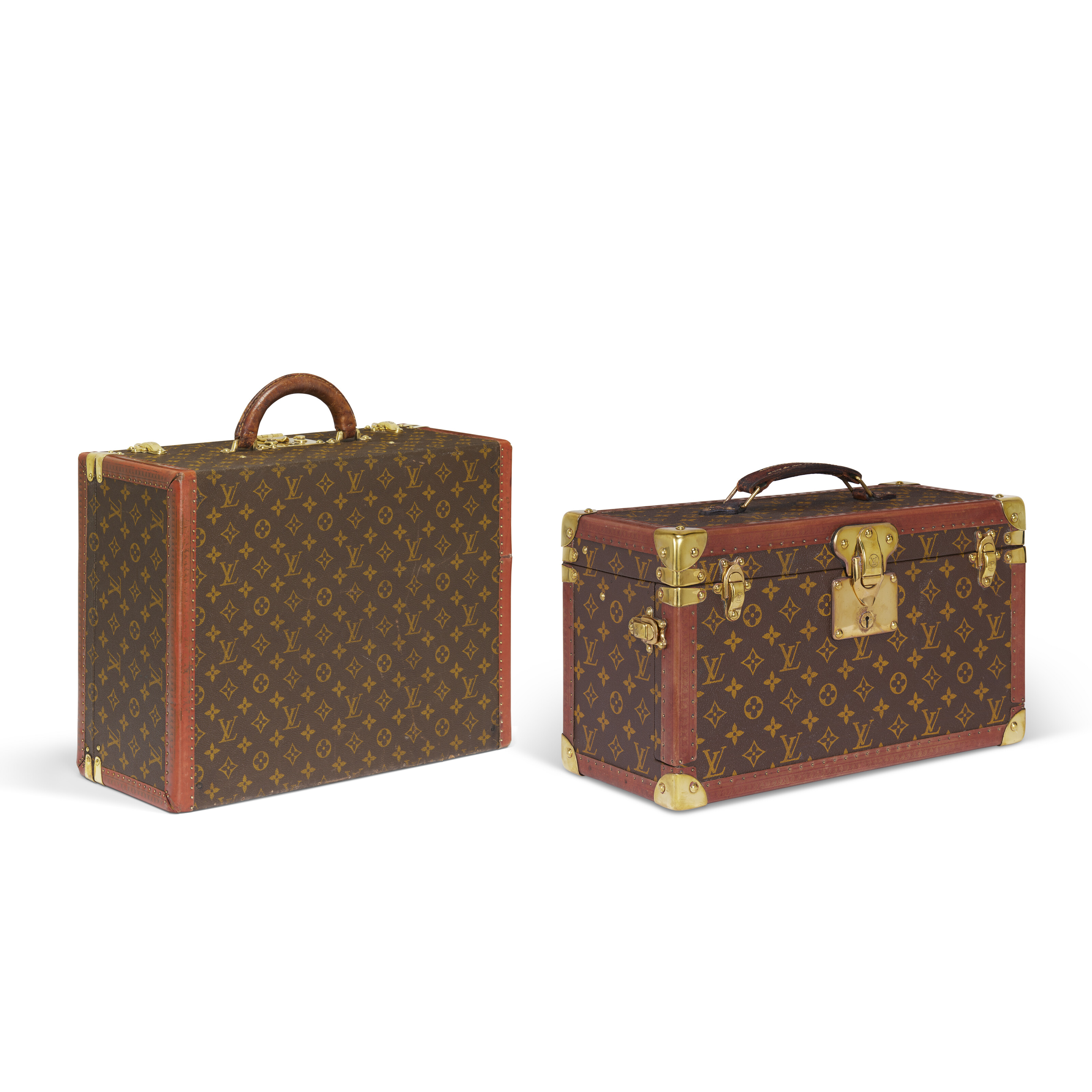A GROUP OF TWO: A MONOGRAM CANVAS LIBRARY TRUNK & SUITCASE WITH BRASS ...