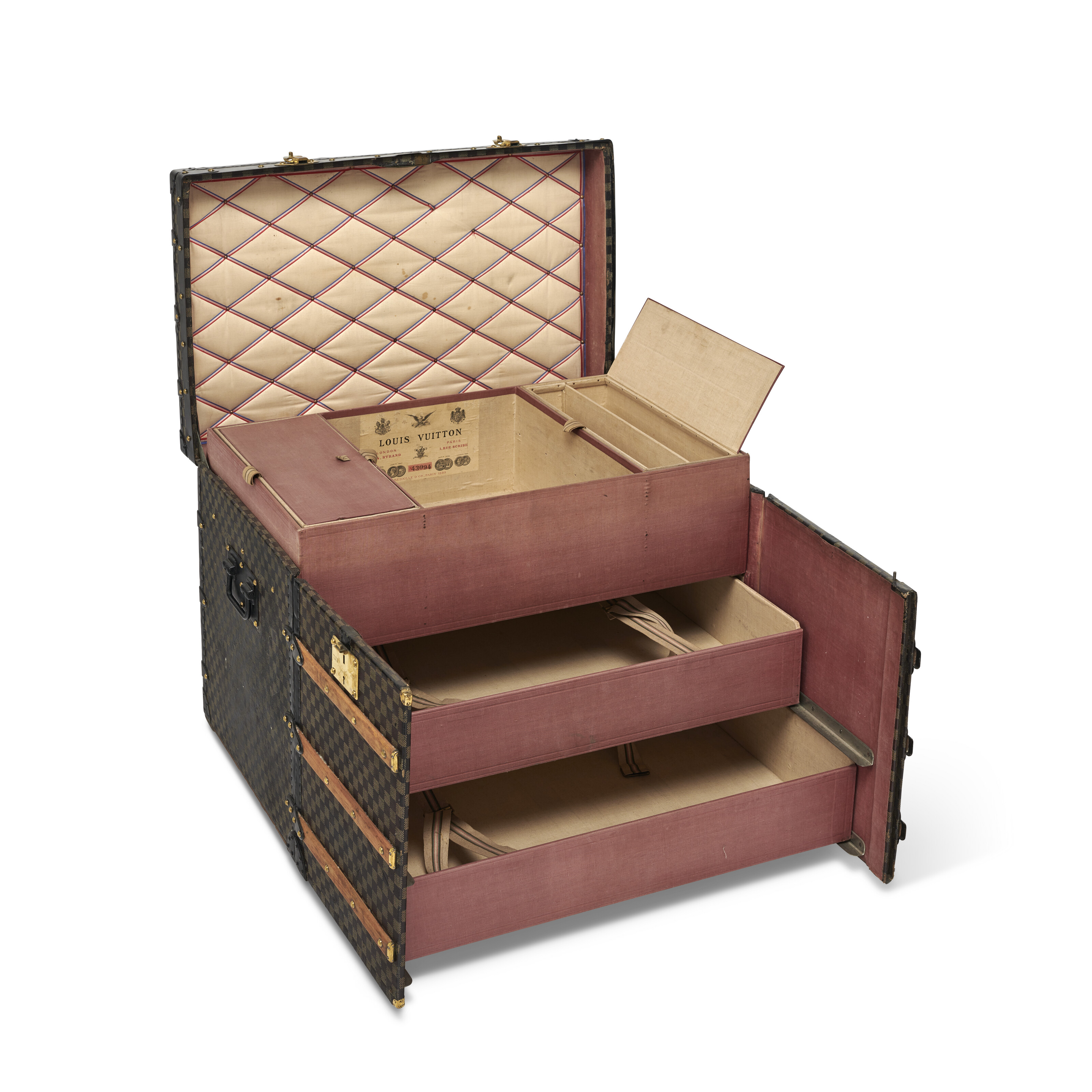A DAMIER CANVAS TRUNK WITH DOORS AND DRAWERS WITH BRASS HARDWARE, LOUIS ...