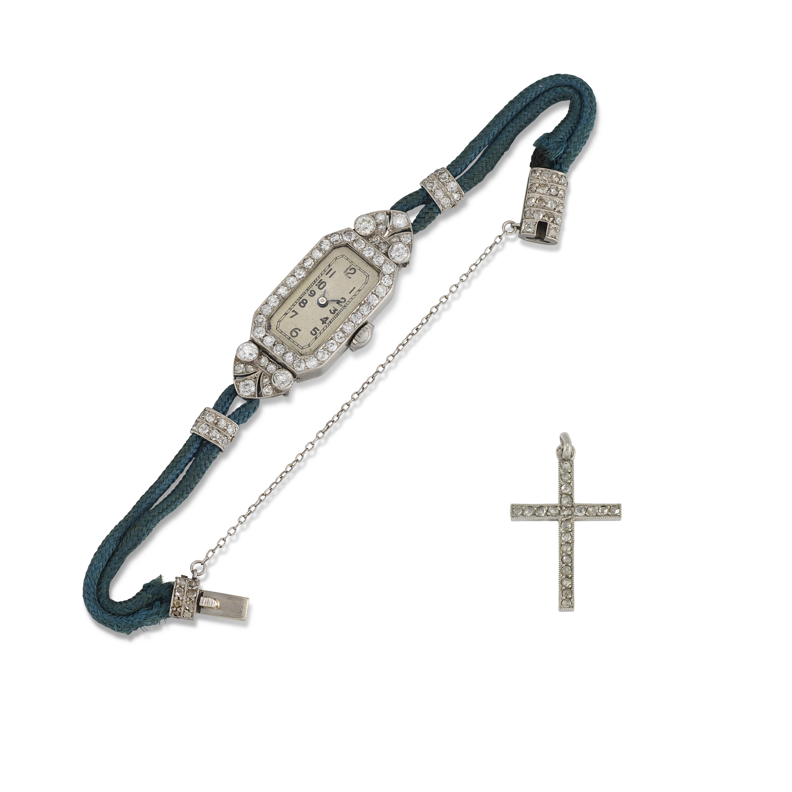 DIAMOND COCKTAIL WATCH AND A DIAMOND CROSS PENDANT, FIRST HALF OF THE ...