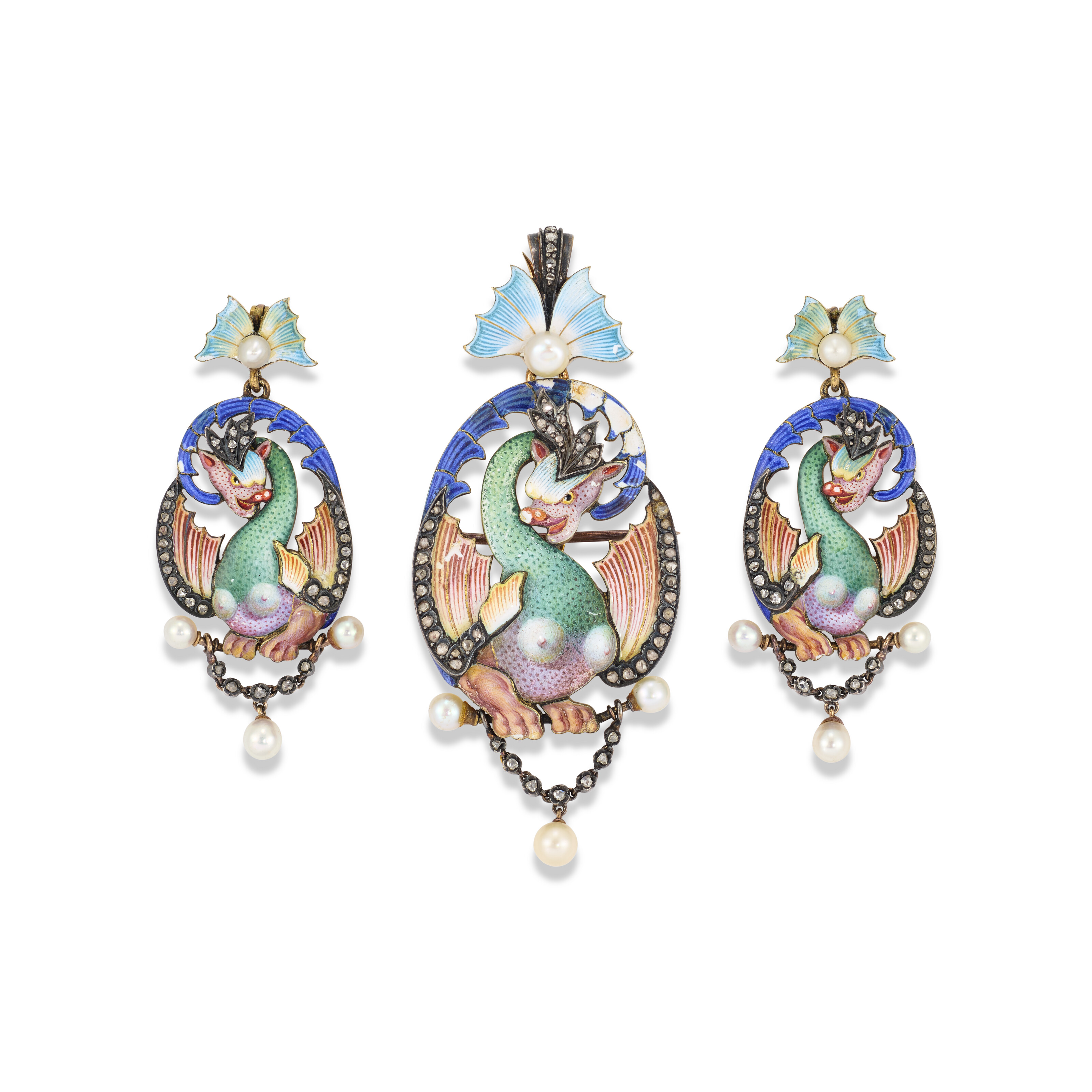 RENAISSANCE REVIVAL PEARL, ENAMEL AND DIAMOND PENDANT/BROOCH AND ...