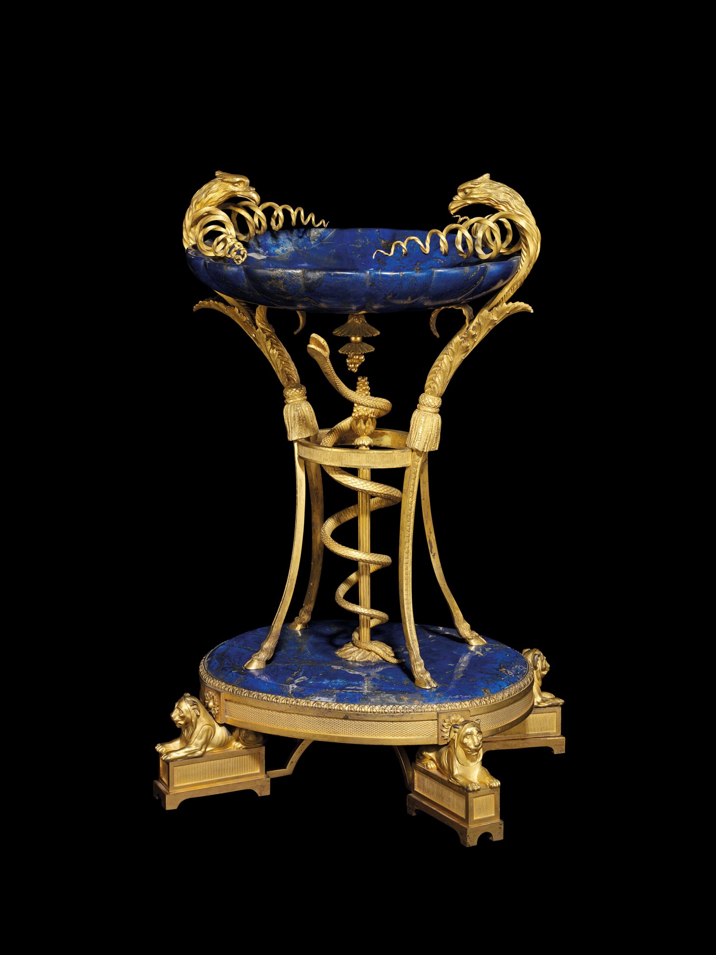 A LATE LOUIS XVI ORMOLU-MOUNTED CARVED LAPIS LAZULI TAZZA, THE LAPIS ...