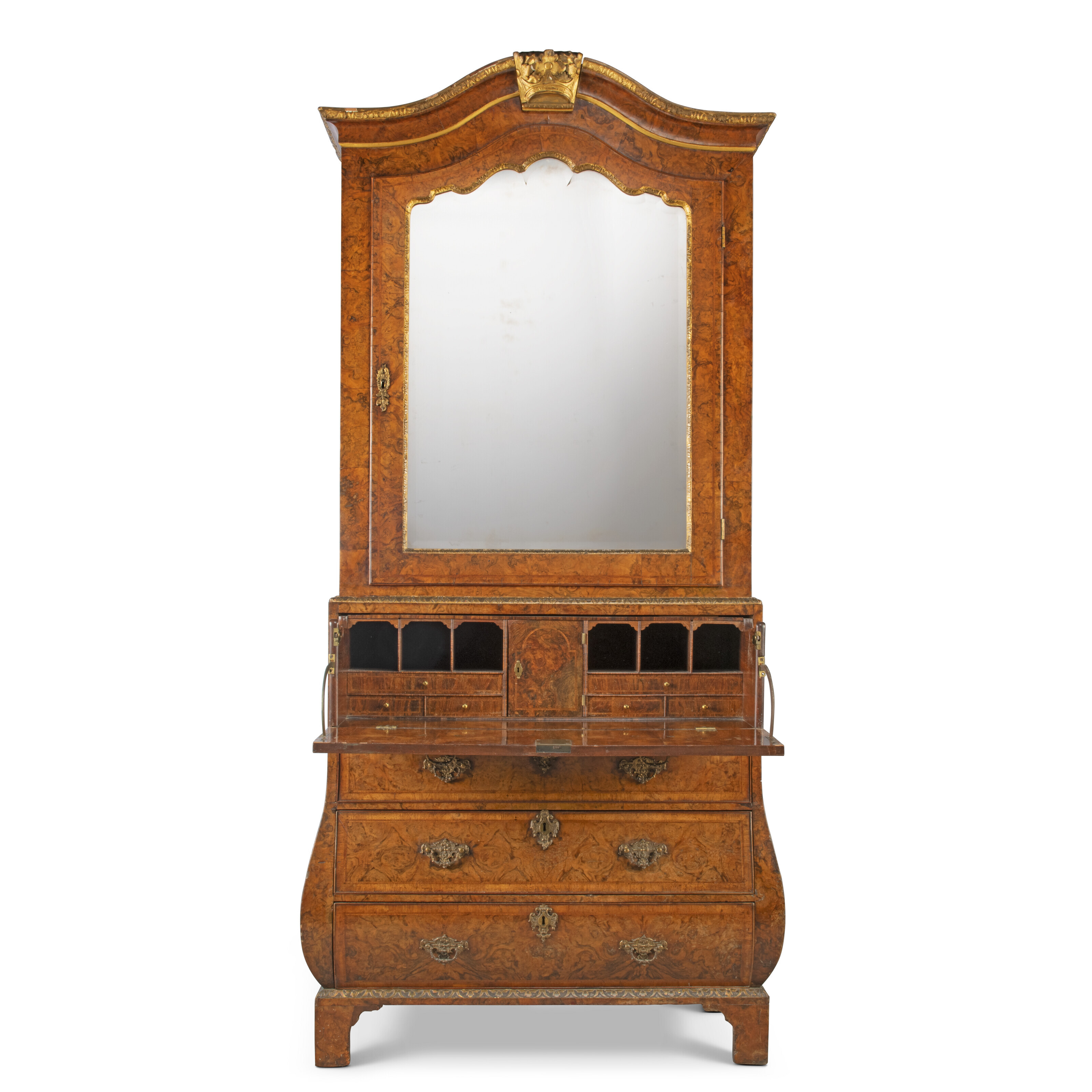 A GEORGE I BURR-WALNUT AND PARCEL-GILT BOMBE SECRETAIRE-CABINET, CIRCA ...