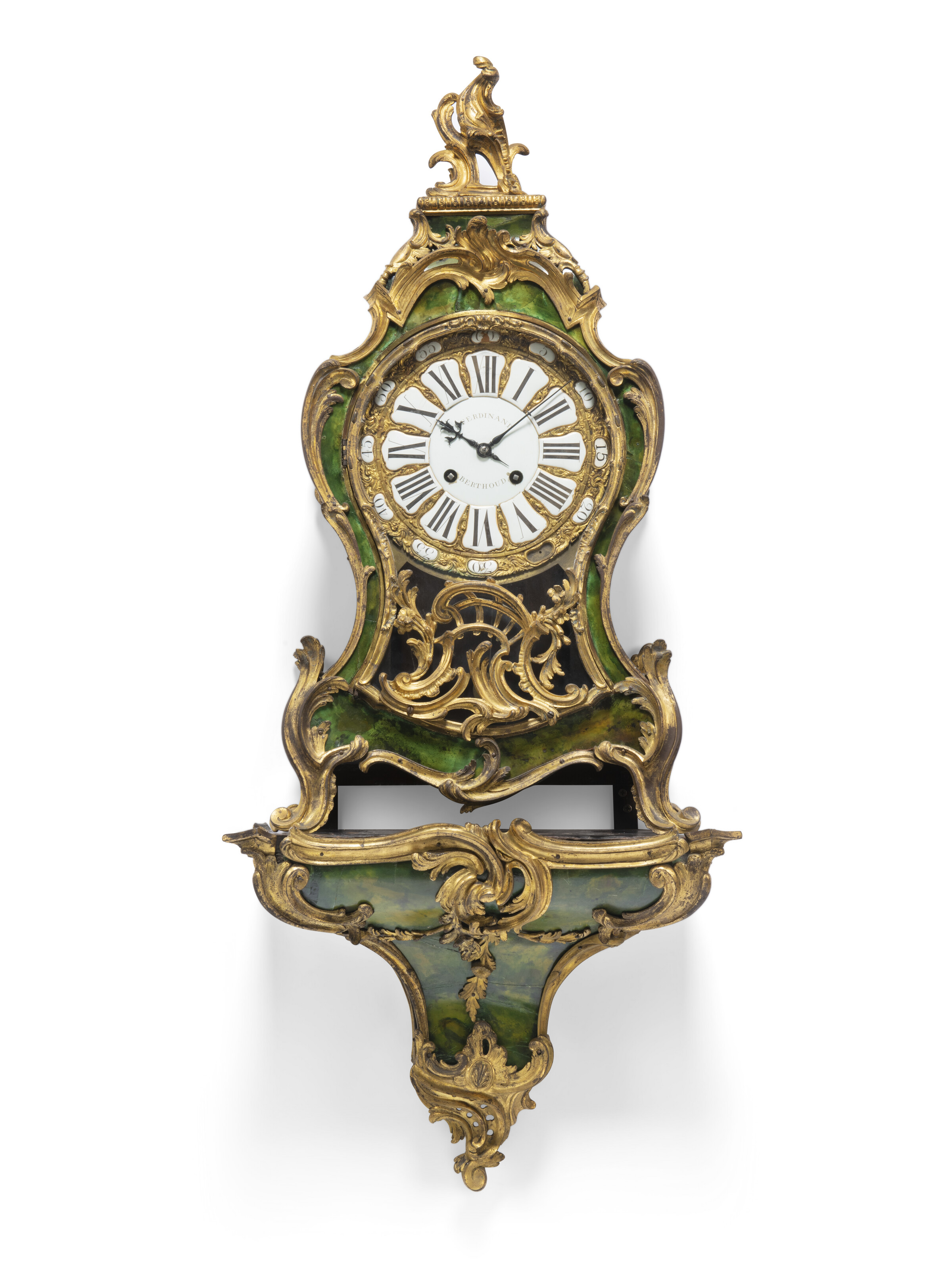 A LOUIS XV ORMOLU-MOUNTED GREEN-STAINED HORN STRIKING BRACKET CLOCK AND ...