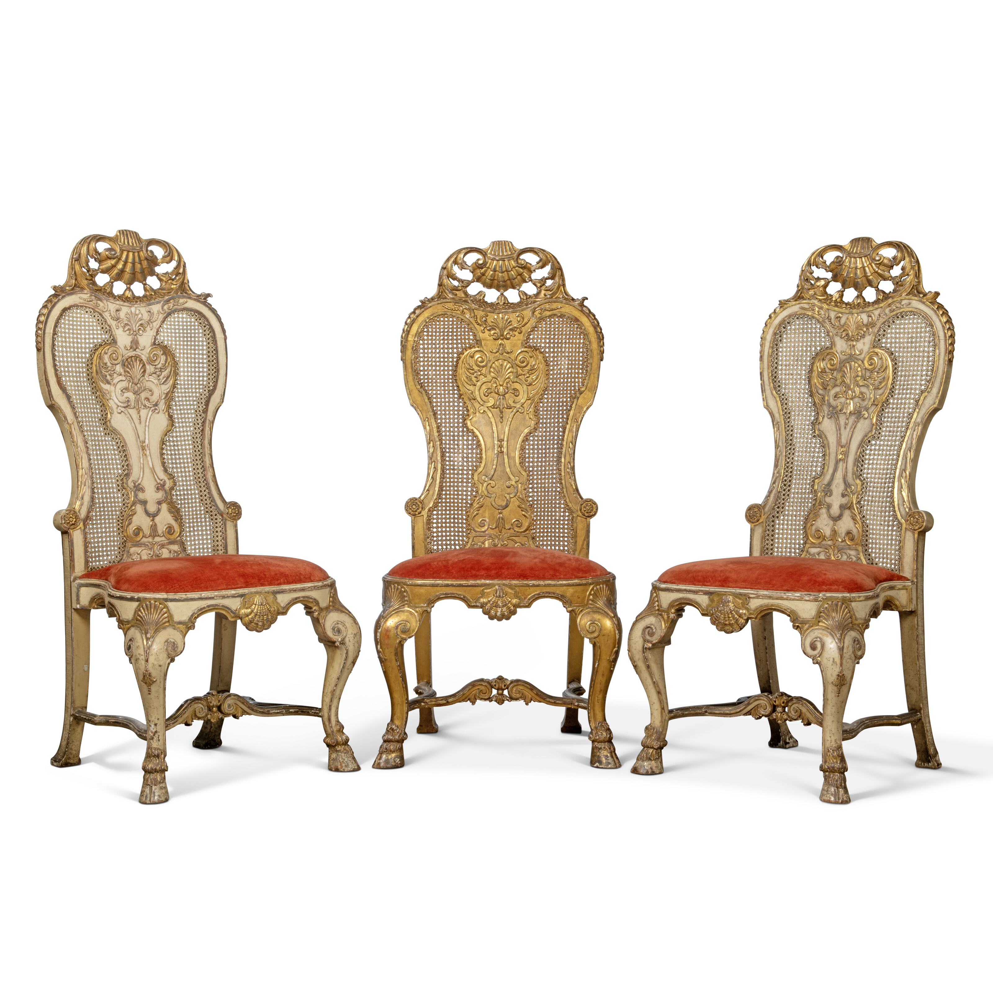 A SET OF THREE ENGLISH CREAM-PAINTED AND PARCEL-GILT SIDE CHAIRS, LATE ...