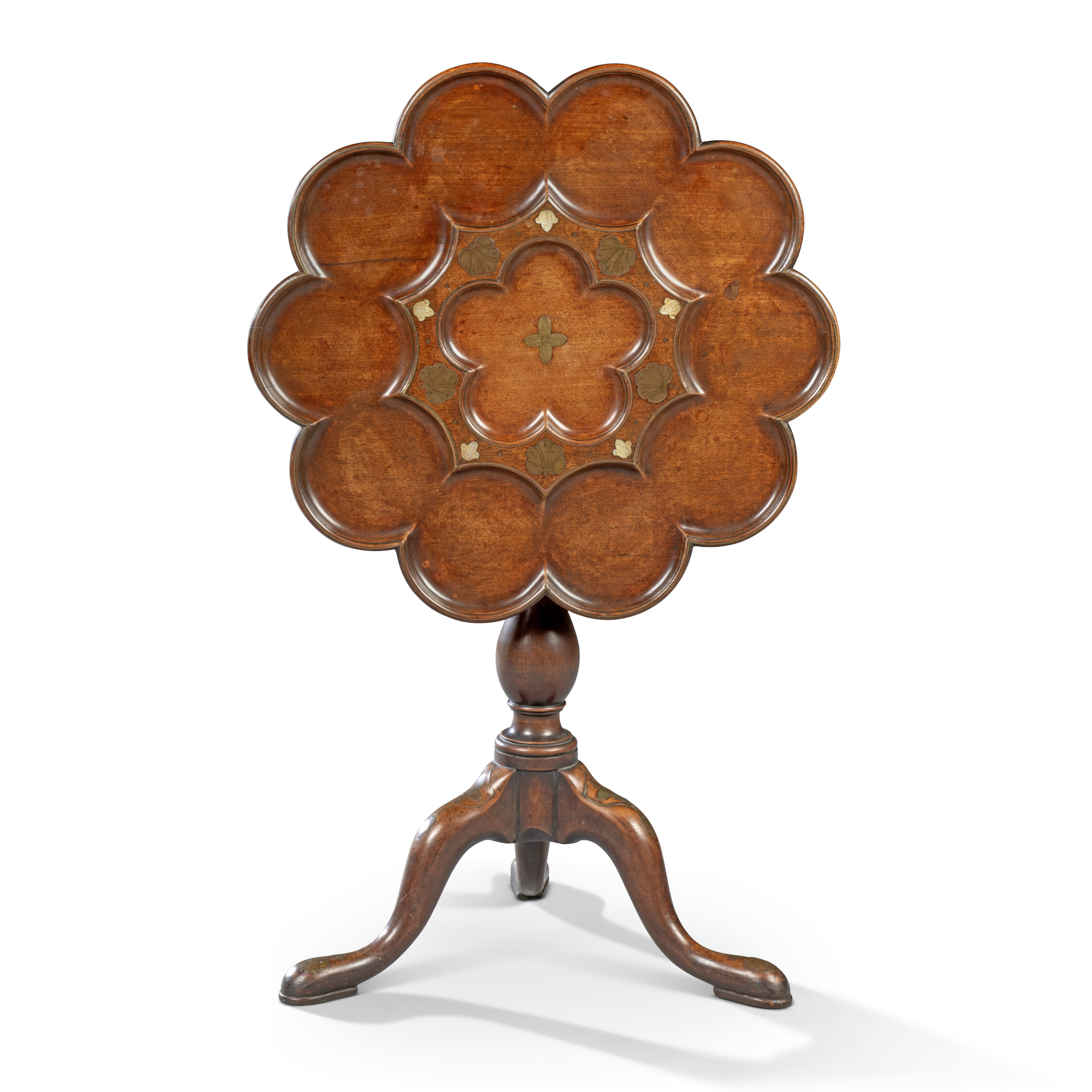 A GEORGE II BRASS AND MOTHER-OF-PEARL INLAID MAHOGANY TRIPOD TABLE ...